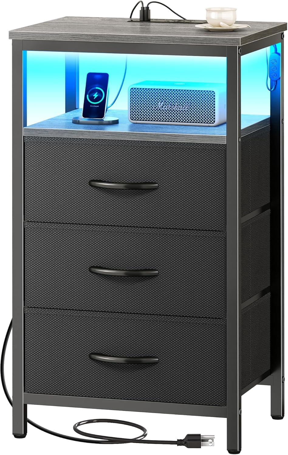 Night Stand with Charger Station and LED Lights, 3 Drawer Nightstand ...