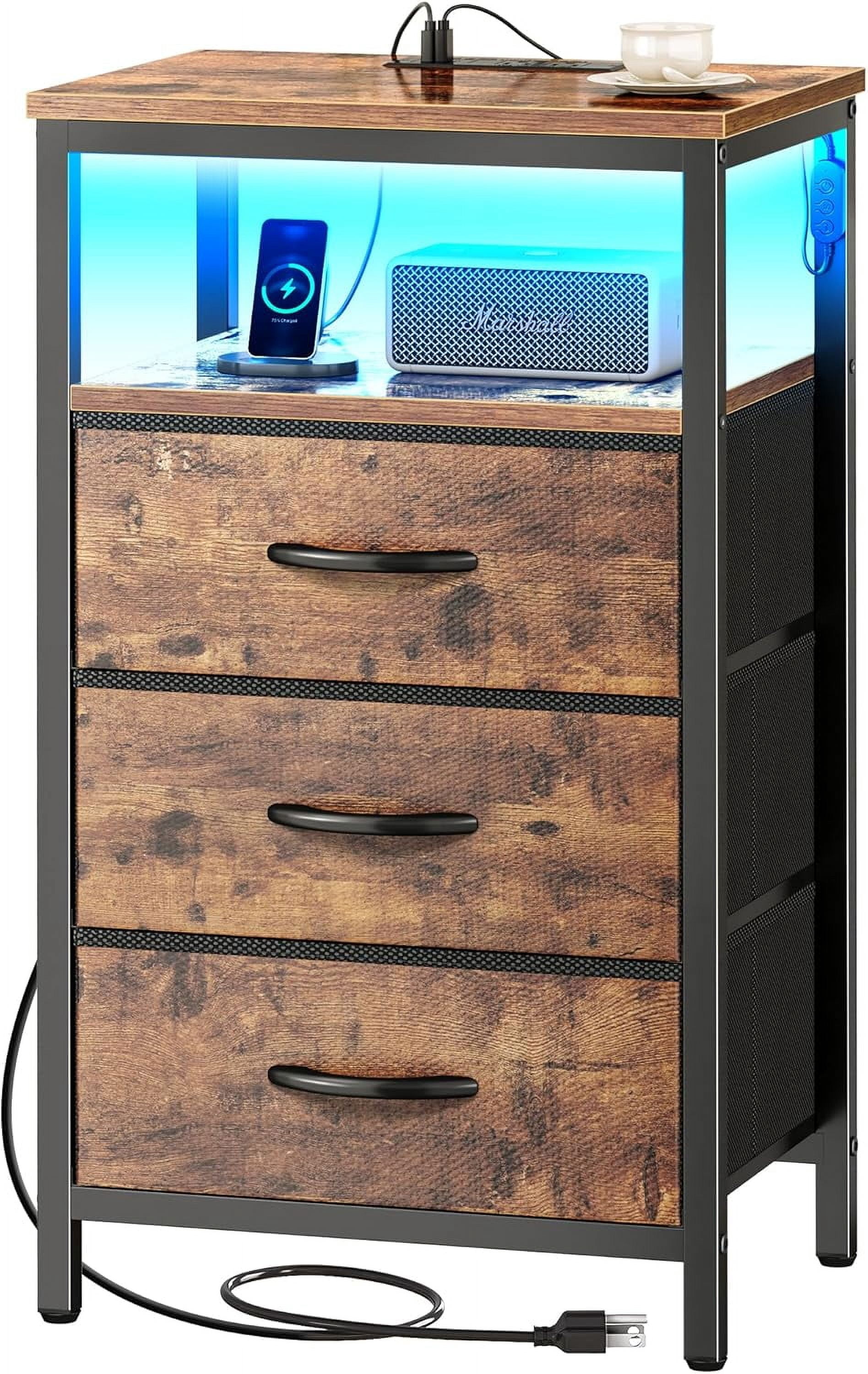 Night Stand with Charger Station and LED Lights, 3 Drawer Nightstand ...