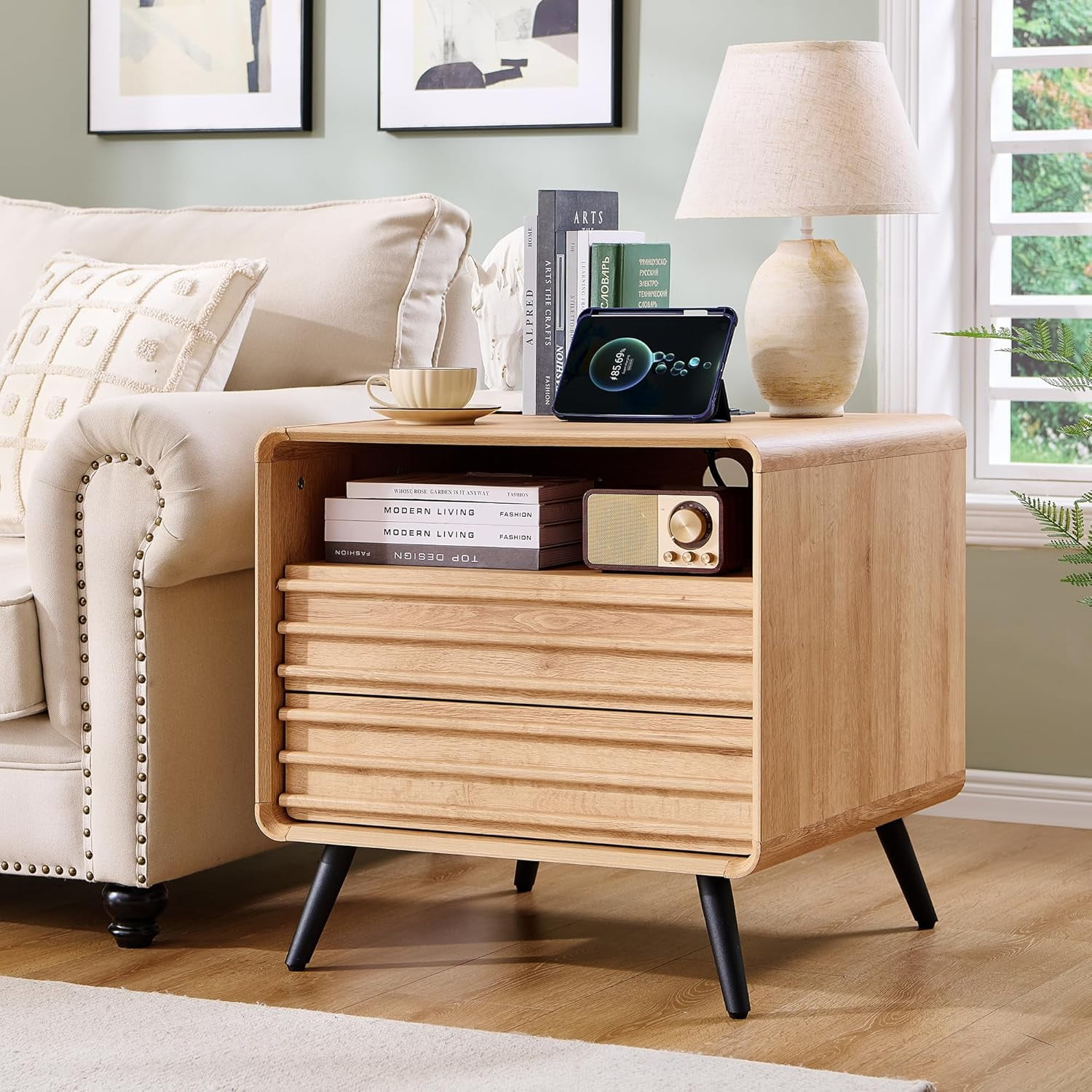 Night Stand with Charger Station, Mid Century Modern Fluted End Table ...