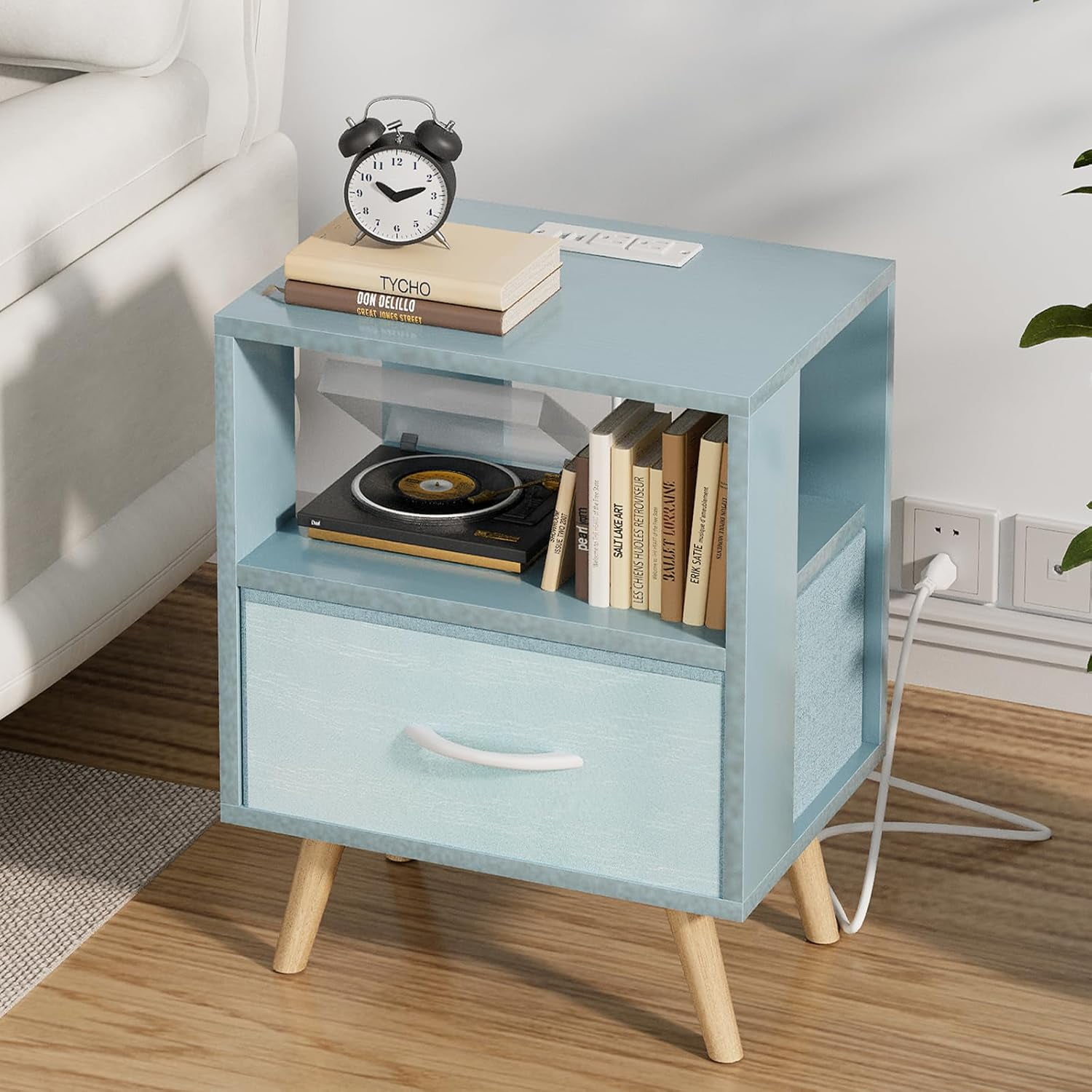 Night Stand with Charging Station, Blue Kids Nightstand with Drawer, 2 ...