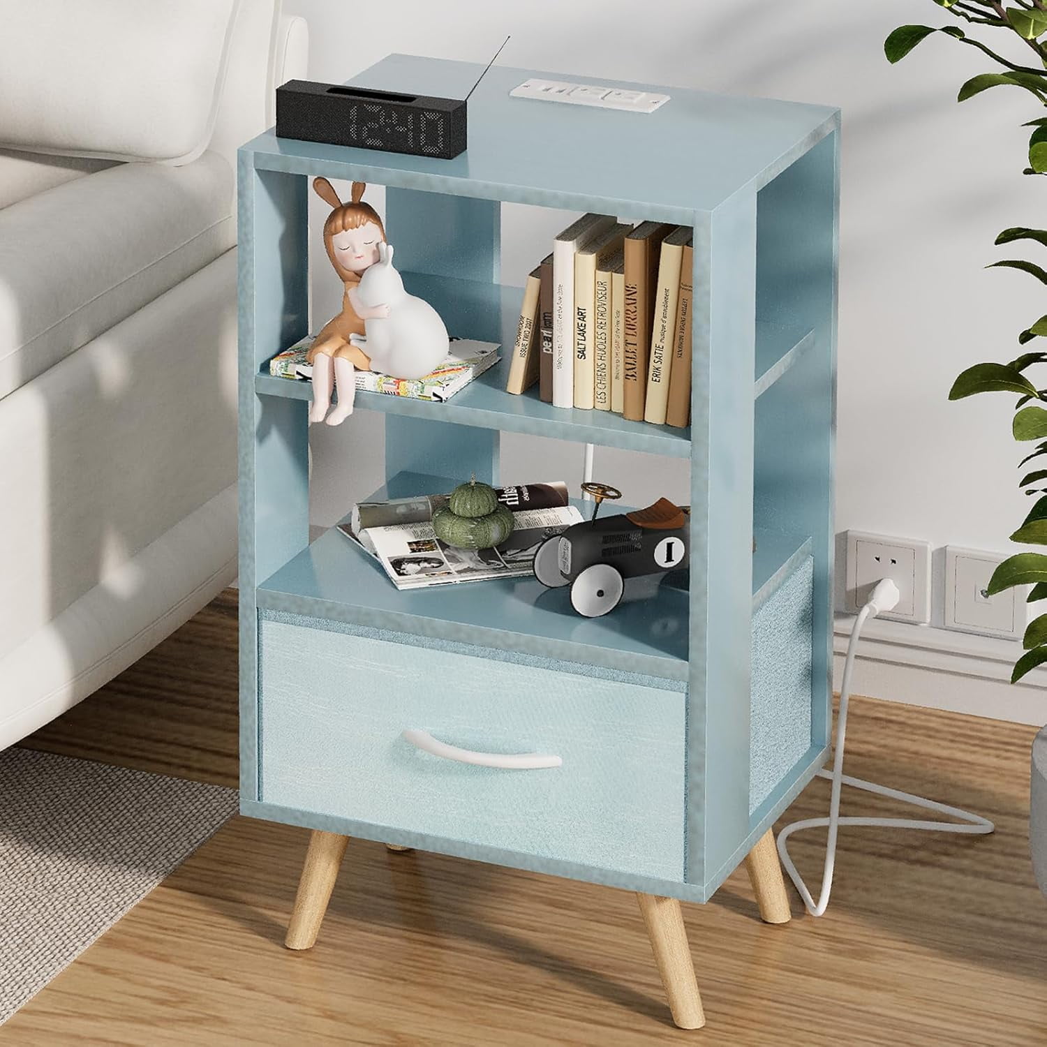 Night Stand with Charging Station, Blue Kids Nightstand with Drawer, 3 ...