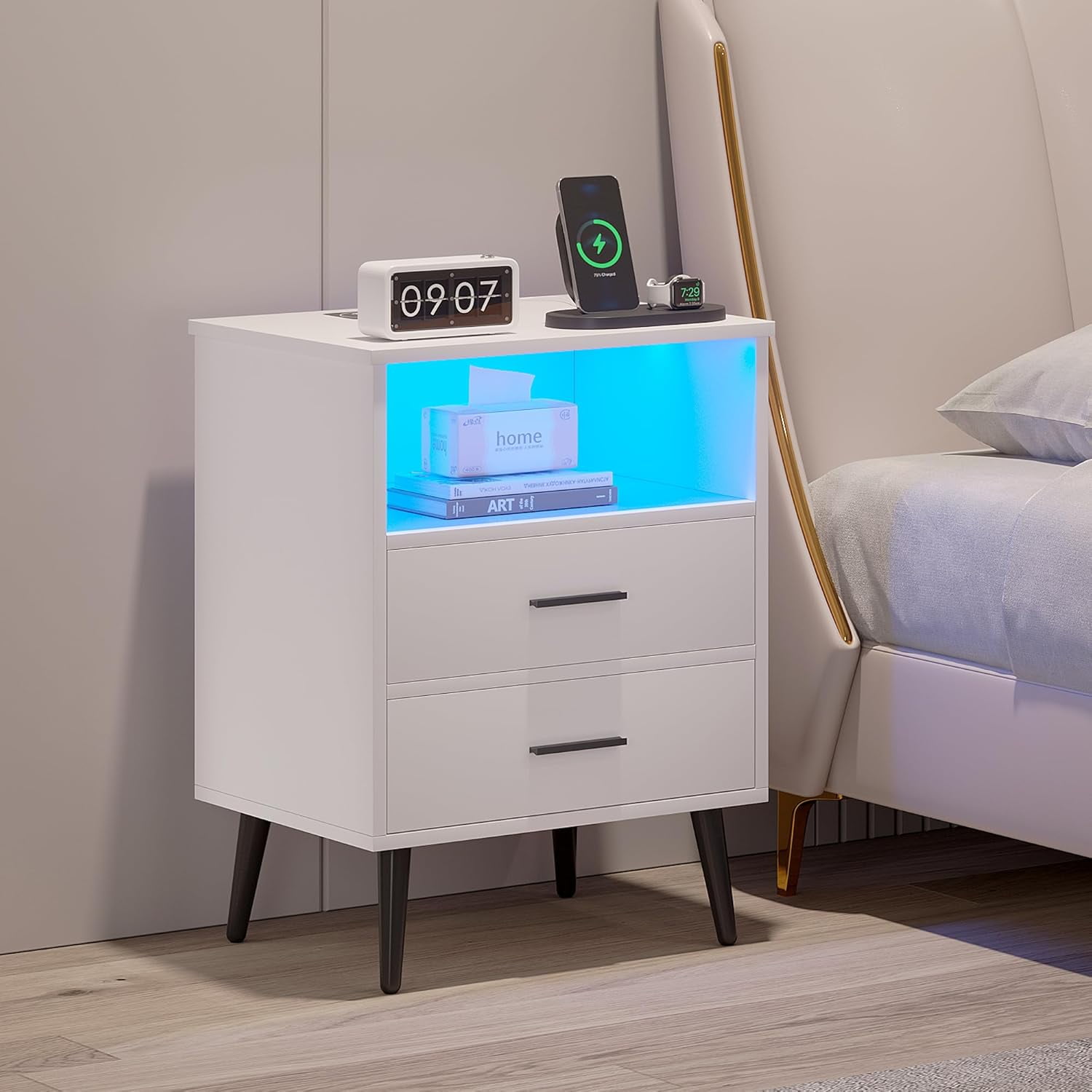 Night Stand with Charging Station, Dimmable Lighting, Rattan Nightstand ...