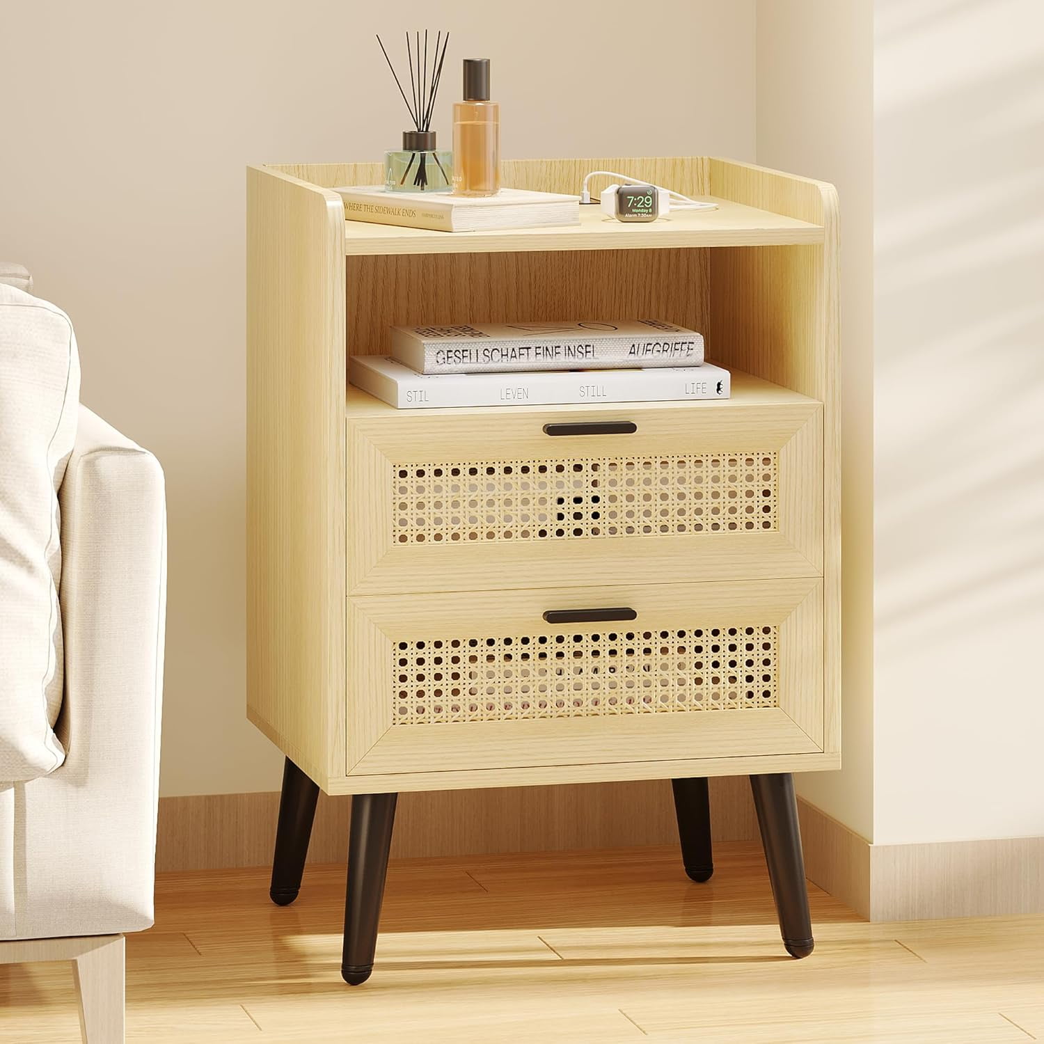 Night Stand with Charging Station, Dimmable Lighting, Rattan Nightstand ...