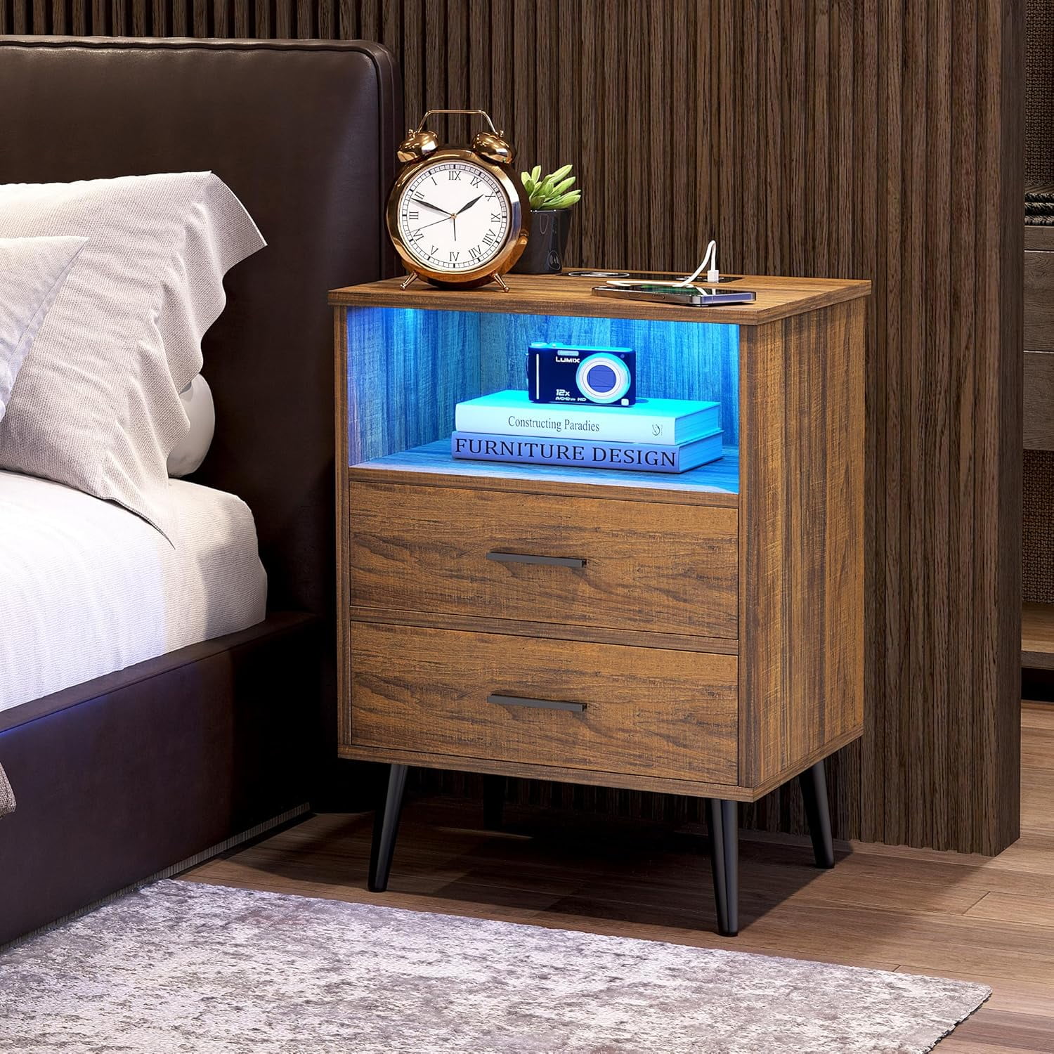 Night Stand with Charging Station, Dimmable Lighting, Rattan Nightstand ...
