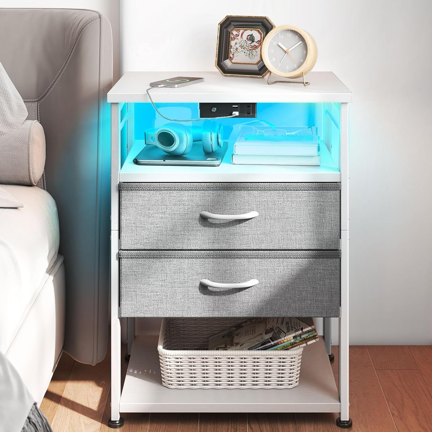 Night Stand with Charging Station, End Table for Bedroom Tall ...