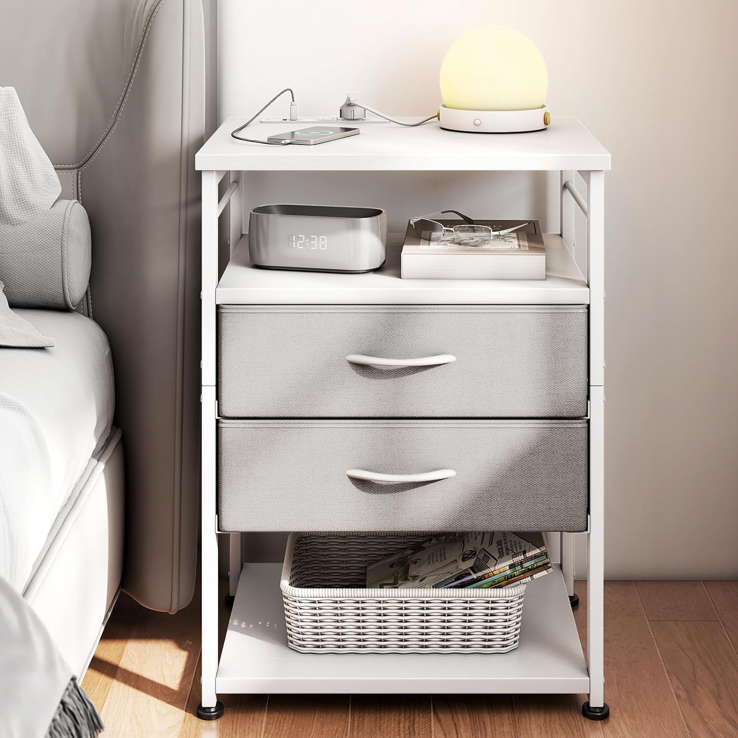 Night Stand with Charging Station, End Table for Bedroom Tall ...