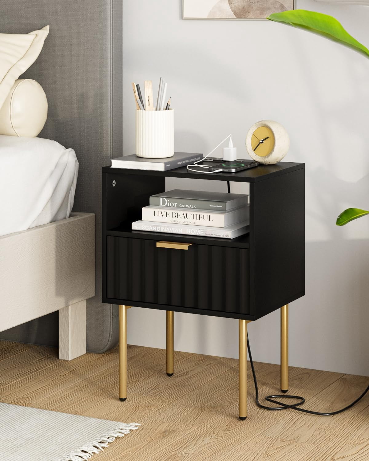 Night Stand with Charging Station, Fluted Bedside Table with Storage ...