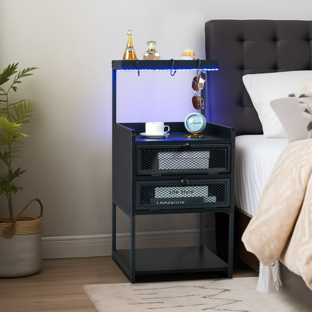 Night Stand with Charging Station and LED Lights, LED Nightstand with 2 ...