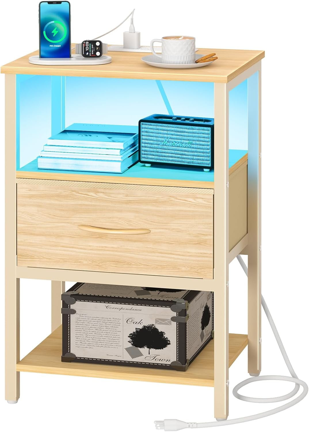 Night Stand with Charging Station, LED Nightstand for Bedroom, Bedside ...