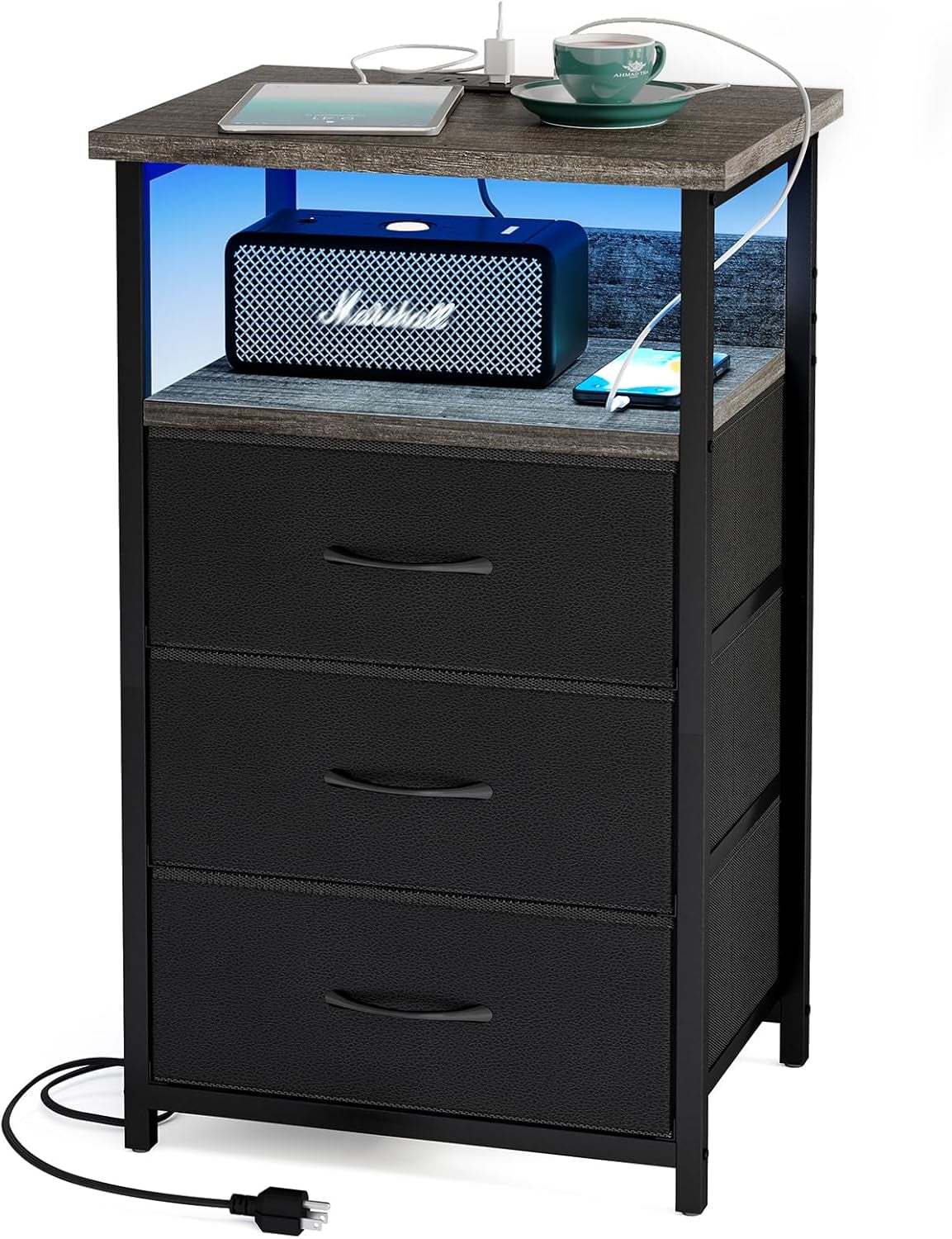 Night Stand with Charging Station, LED Nightstand with U-S-B Ports and ...