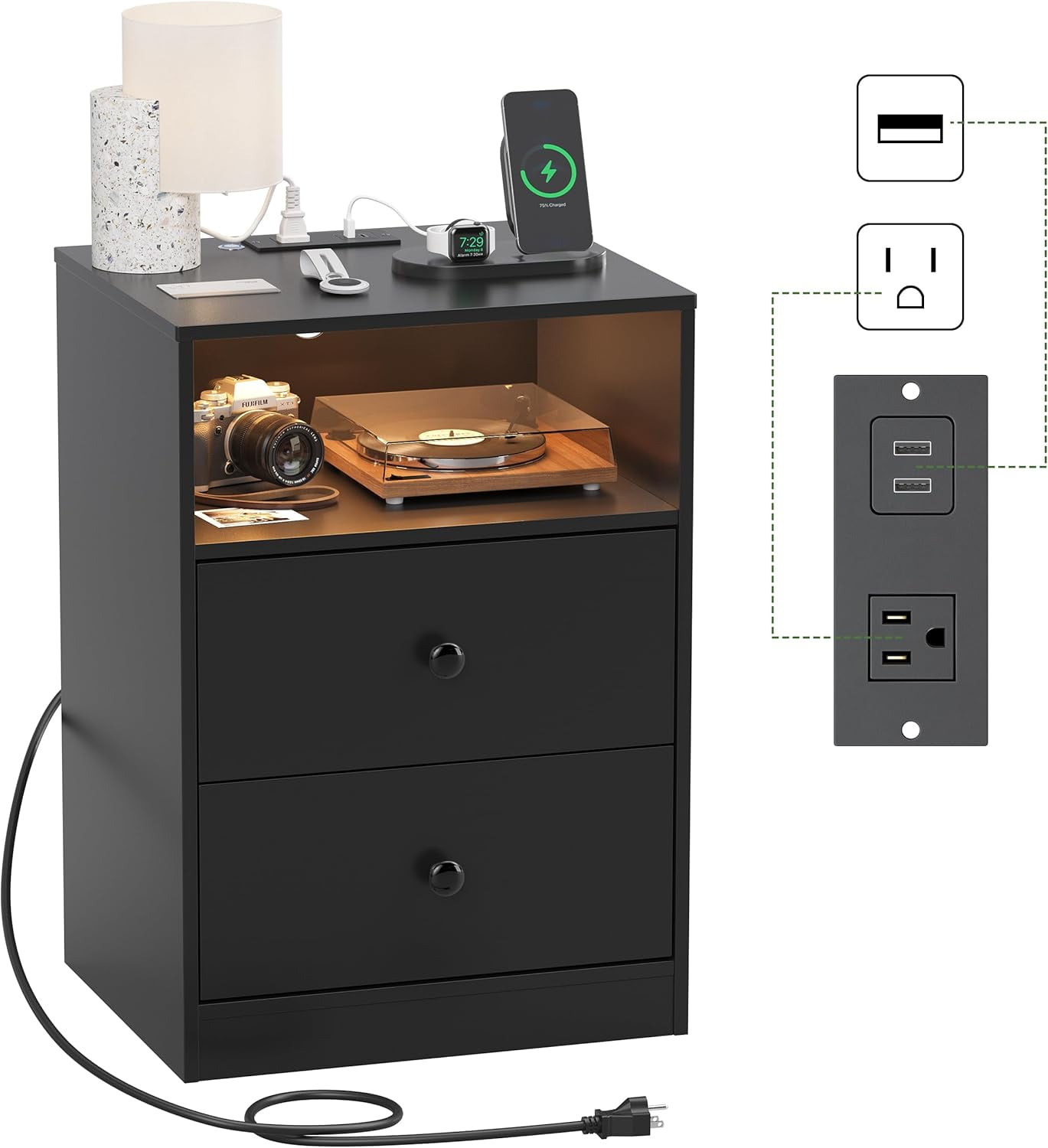 Night Stand with Charging Station, LED Wood Black Nightstand Bedside ...