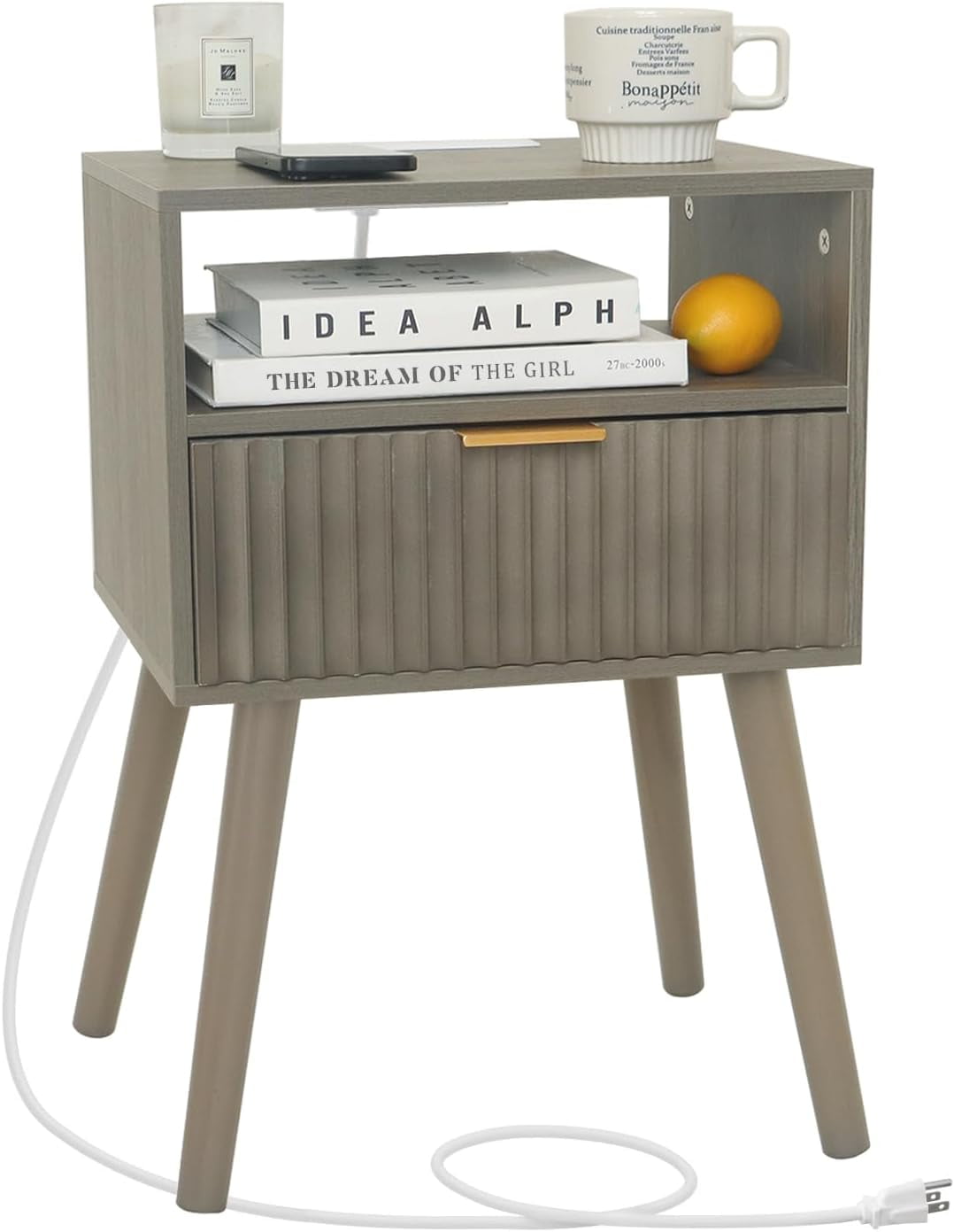 Night Stand with Charging Station, Modern Bedside Table with Drawer and ...