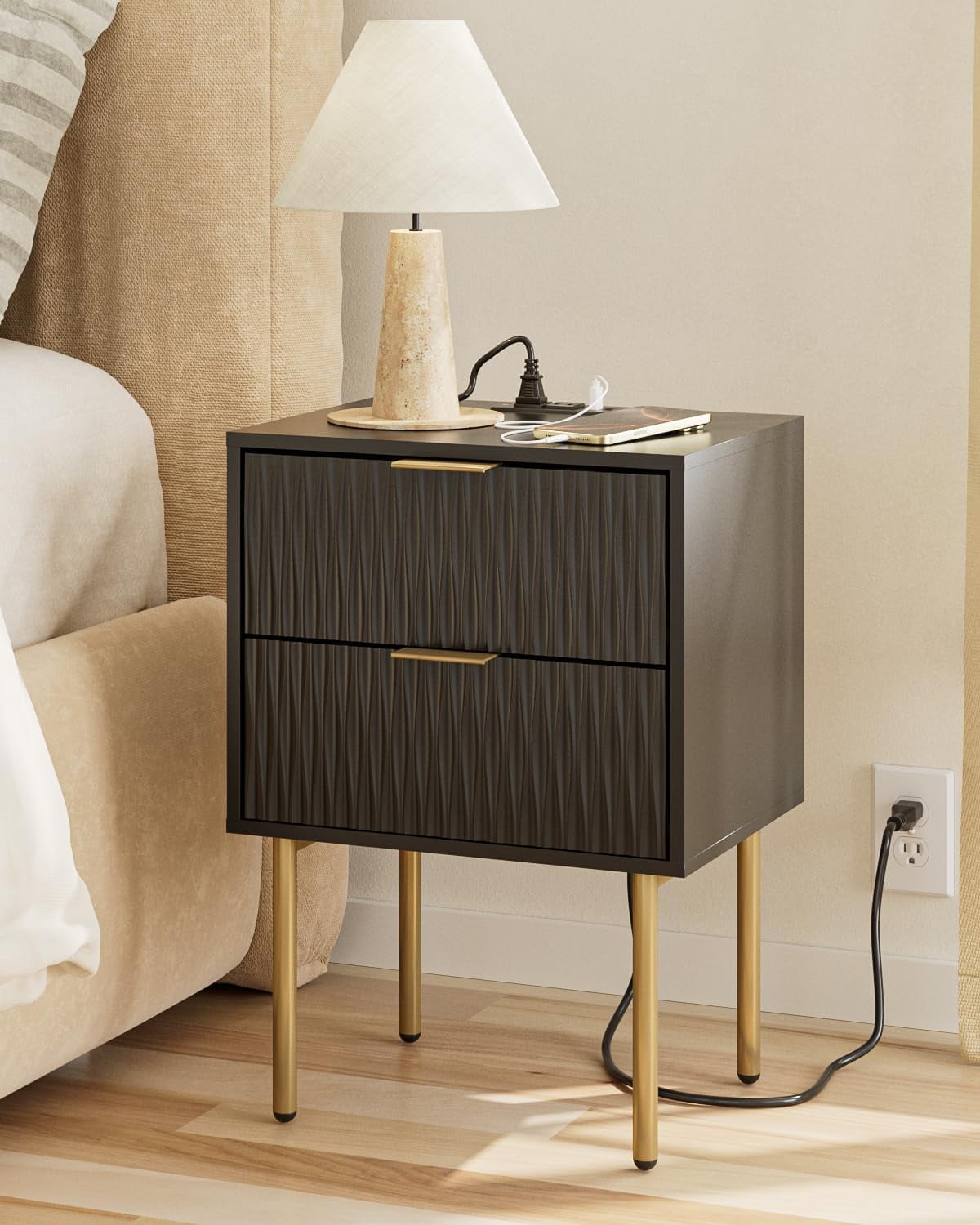 Night Stand Charging Station, Modern Bedside Table with Storage 2 ...
