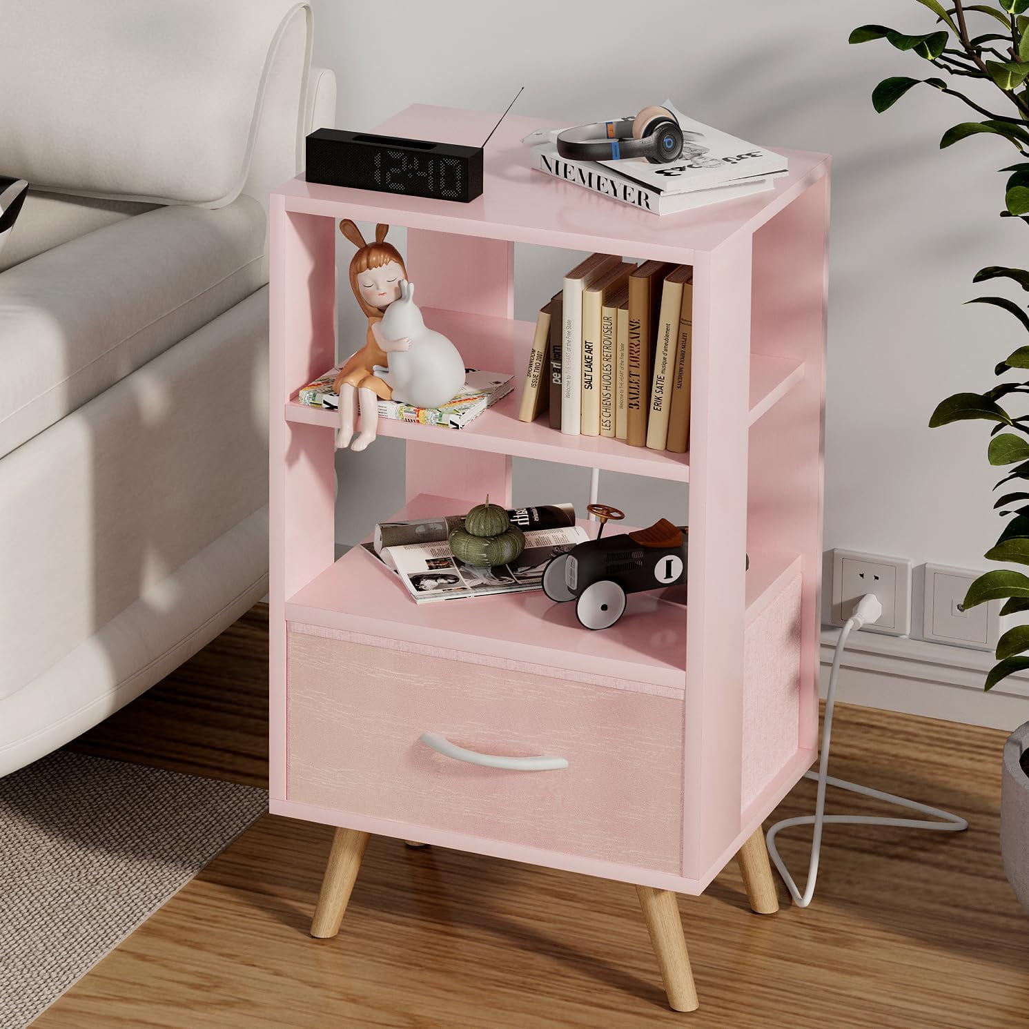 Night Stand with Charging Station, Pink Kids Nightstand with Drawer, 3 ...