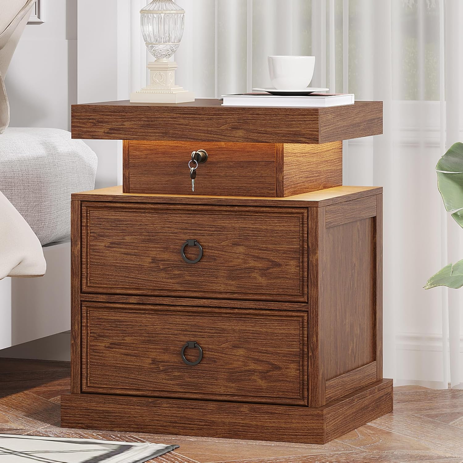 Night Stand with Charging Station & RGB LED Lights, Dark Brown ...