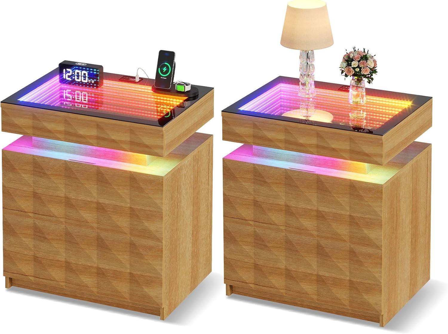 Night Stand with Charging Station and RGB Lights, LED Nightstand with ...