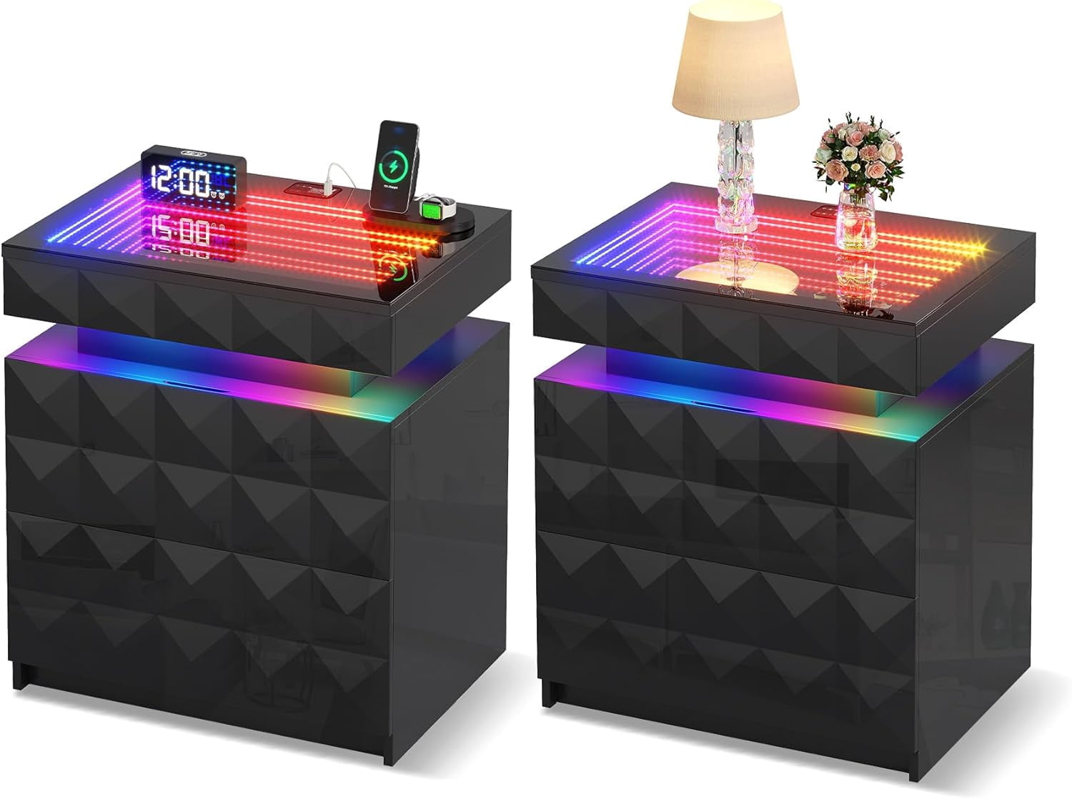 Night Stand with Charging Station and RGB Lights, LED Nightstand with ...