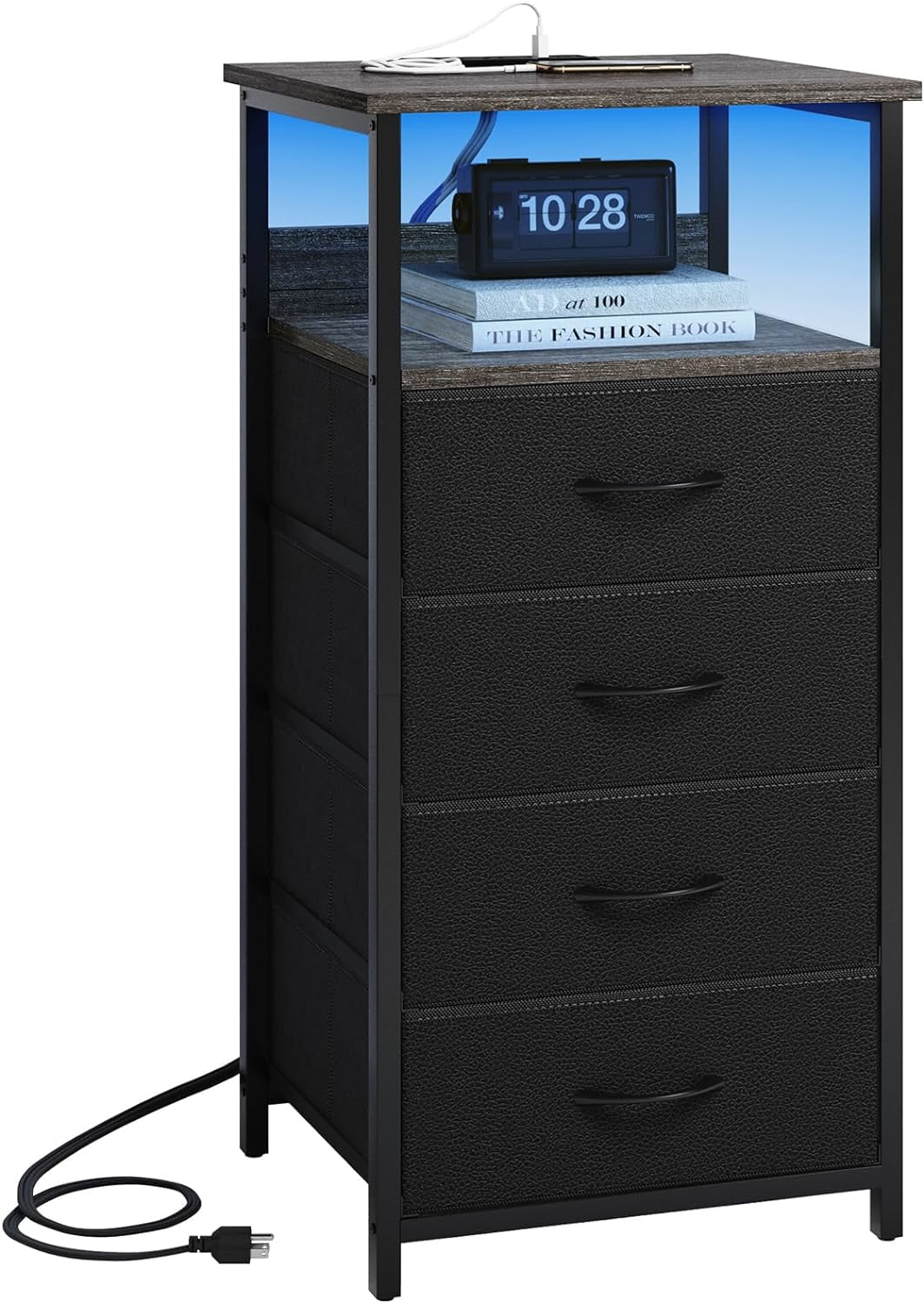 Night Stand with Charging Station, Tall Nightstand with U-S-B Ports and ...