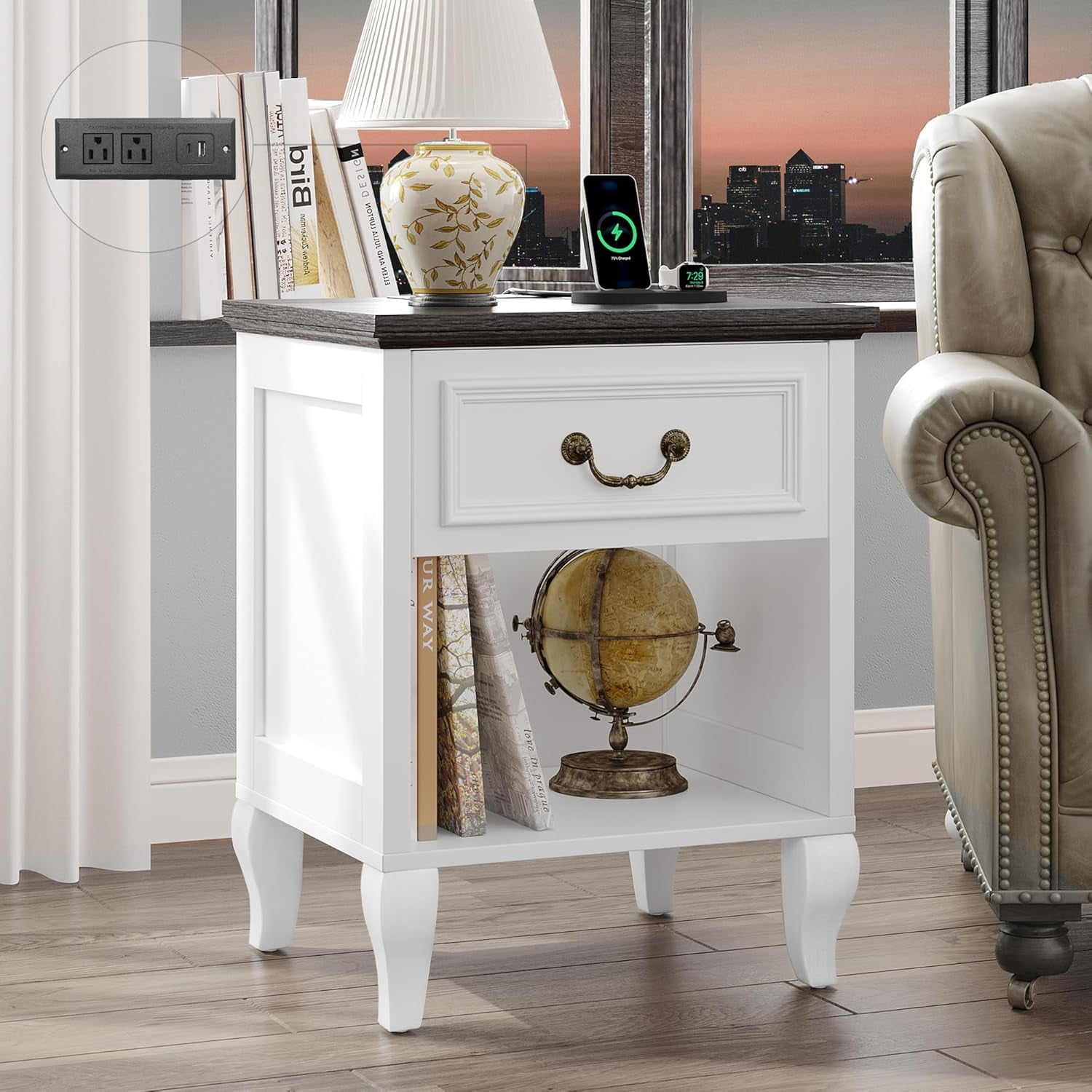 Night Stand with Charging Station, White Wood Nightstand with Drawer ...