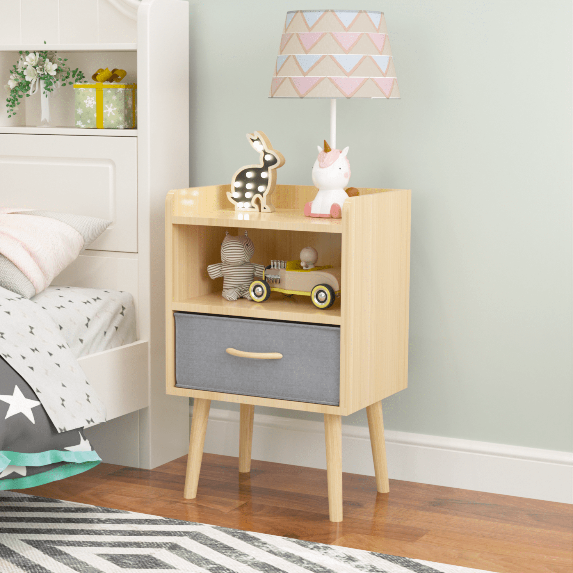 Night Stand with Collapsible Fabric Drawer, Bedside Furniture End Table ...