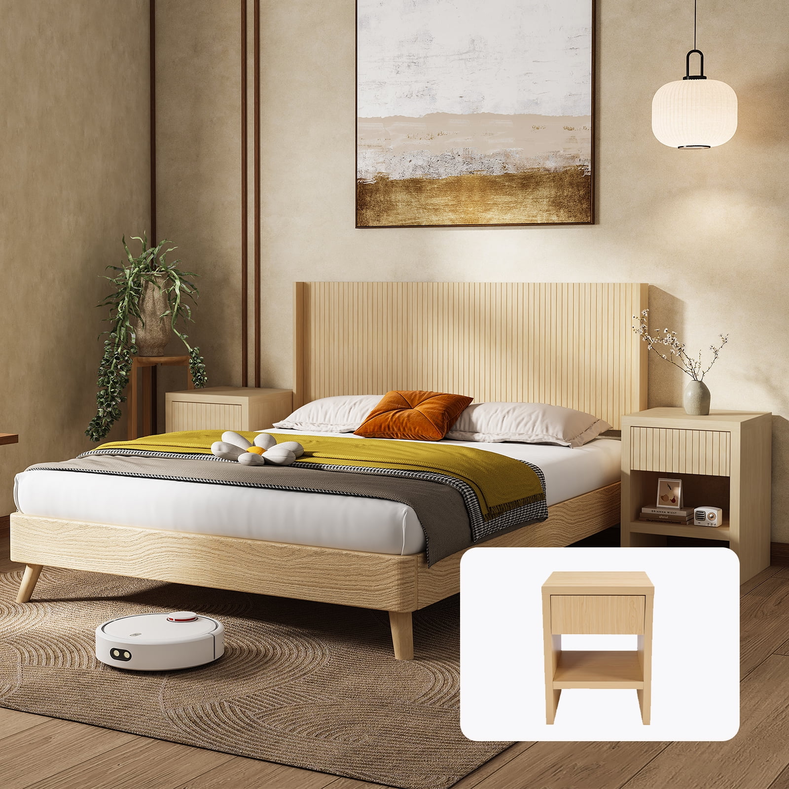 Night Stand with Drawer Storage Fluted Bed Side Table End Table Large ...