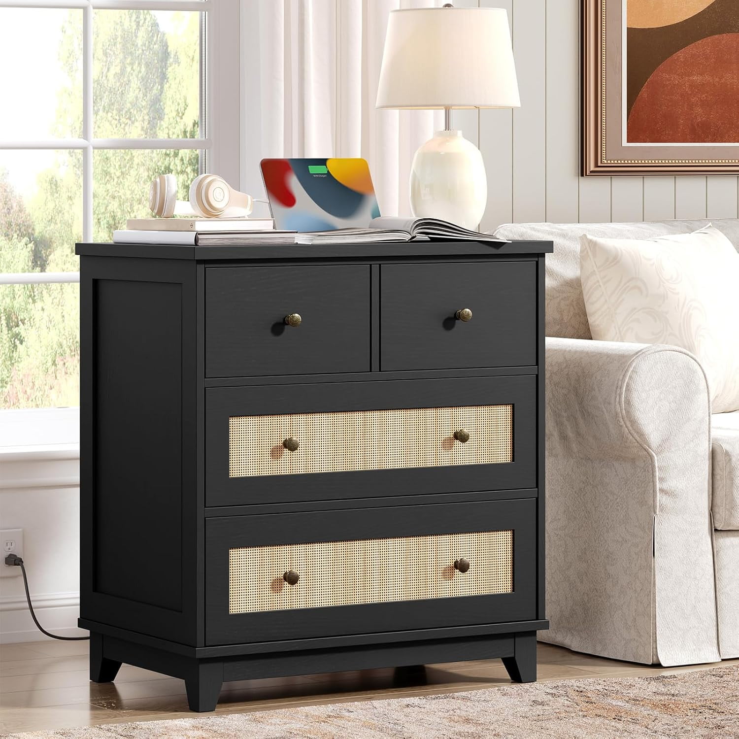 Night Stand with Drawers, Rattan Nightstand with Charging Station, Boho ...