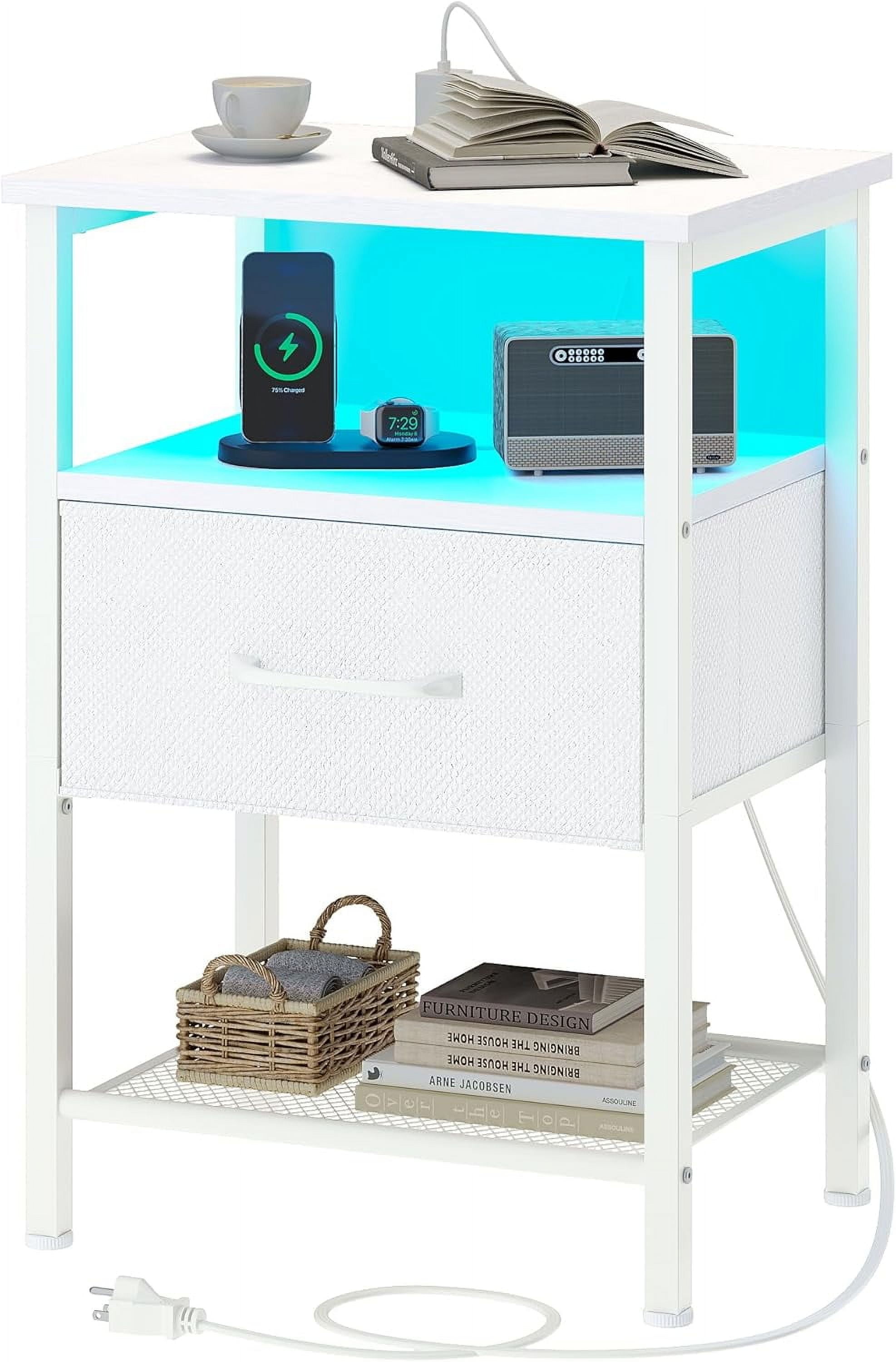 Night Stand, End Table with Charging Station, LED Bedside Table with ...