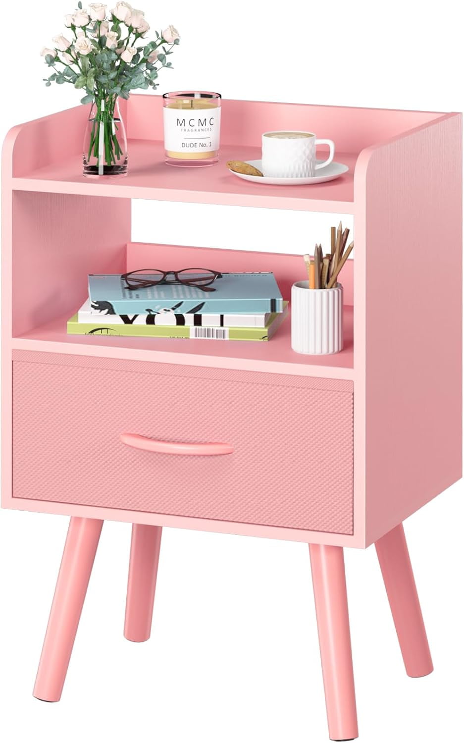 Night Stand with Fabric Drawer, Modern Nightstand, Bedside Tables, Mid ...