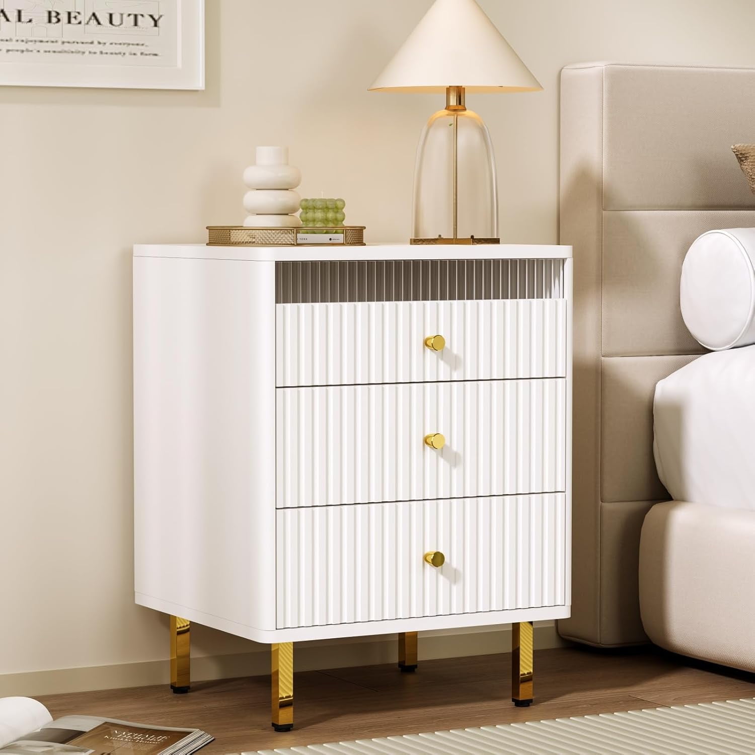 Night Stand, Fluted White Nightstand with 3 Drawers, End Table with ...