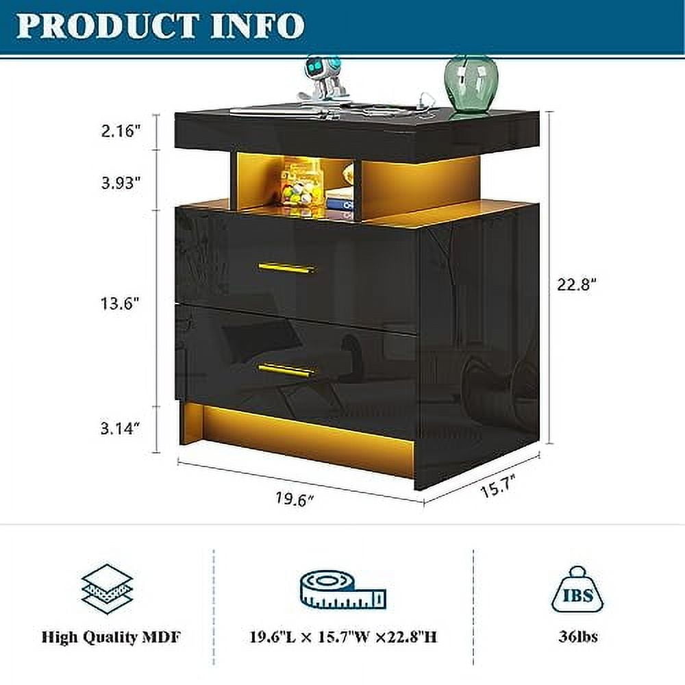 Night Stand with Light, High Gloss Nightstand with USB/Wireless ...