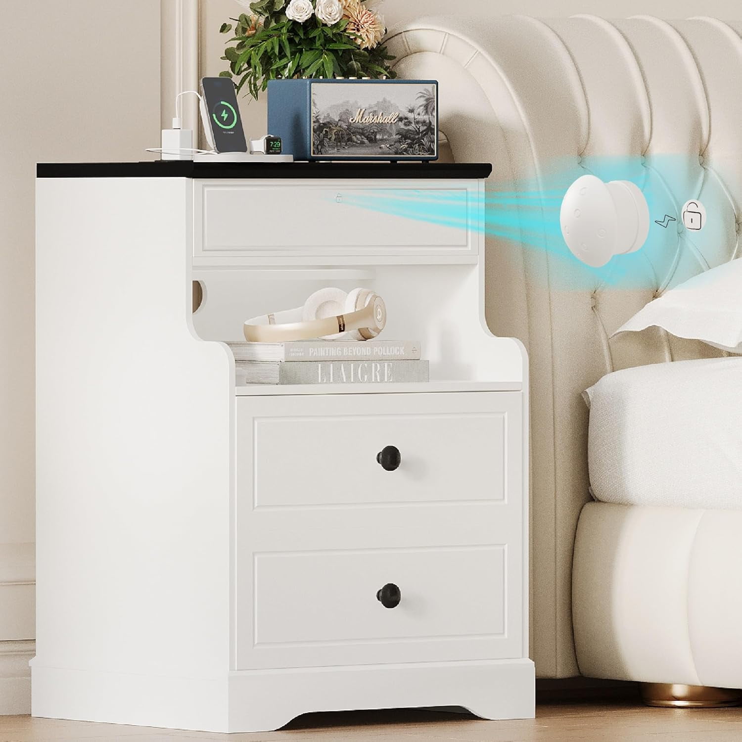 Night Stand with Magnetic Locking Drawer,LED Nightstand with Charging ...