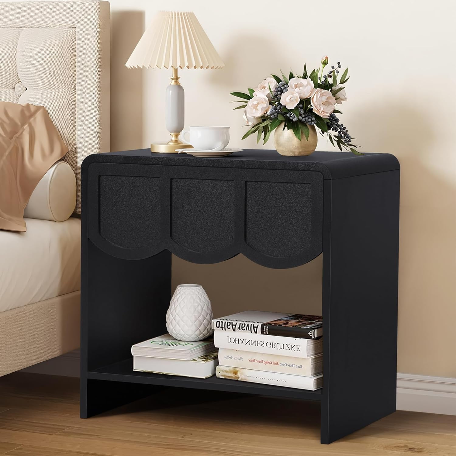 Night Stand, Mid Century Modern Farmhouse Wood Nightstand with Wave ...