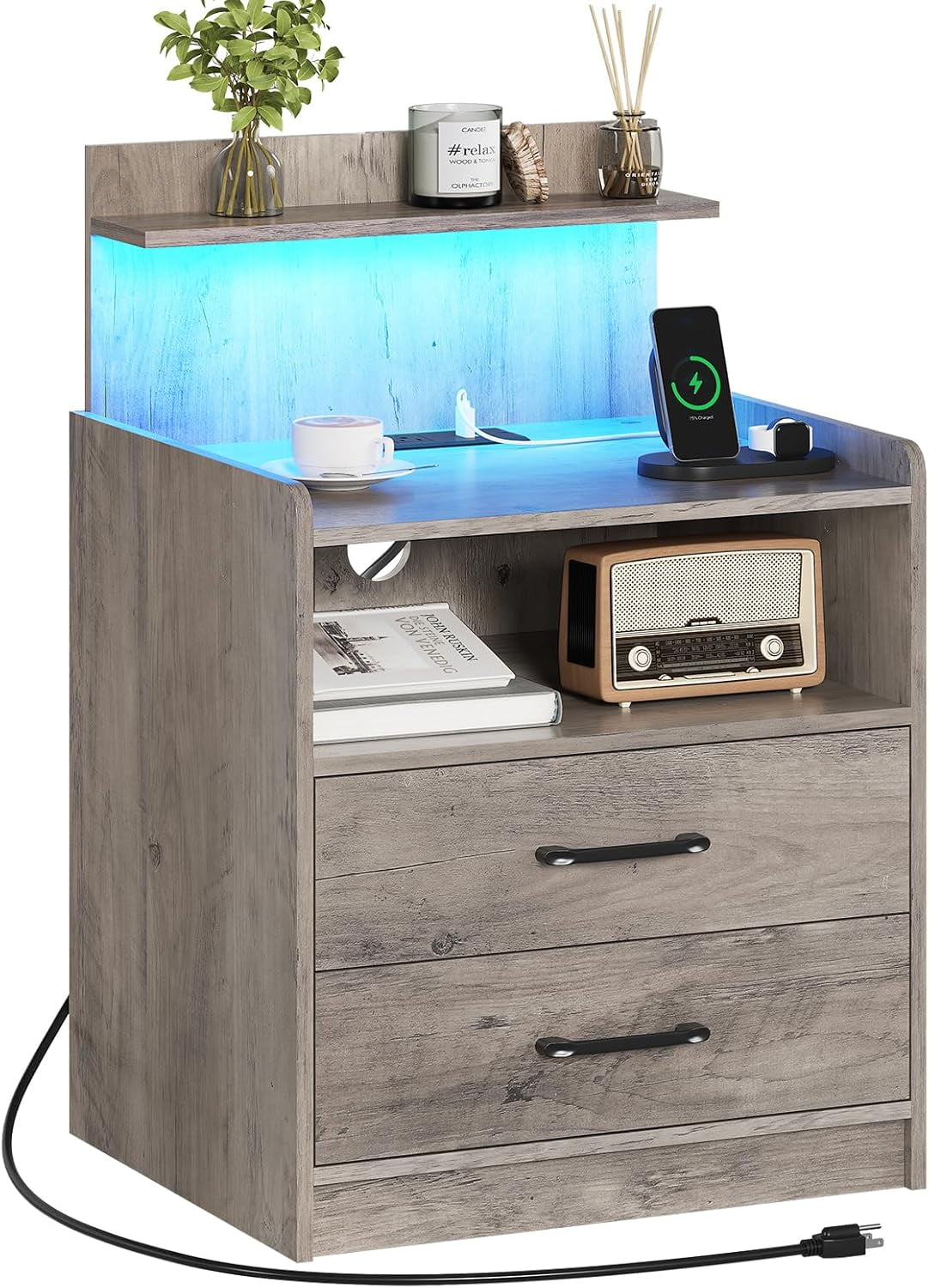 Night Stand, Nightstand with Charging Station, LED Bedside Table with ...