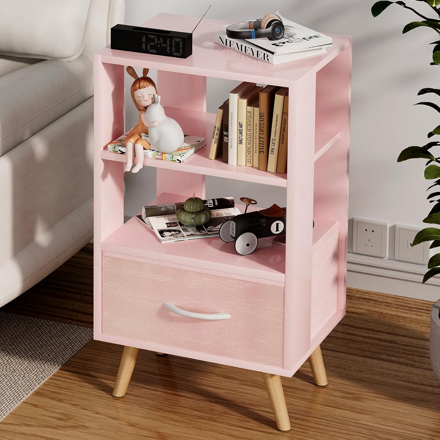 Night Stand, Pink Kids Nightstand with Drawer, Nursery Side Table with ...