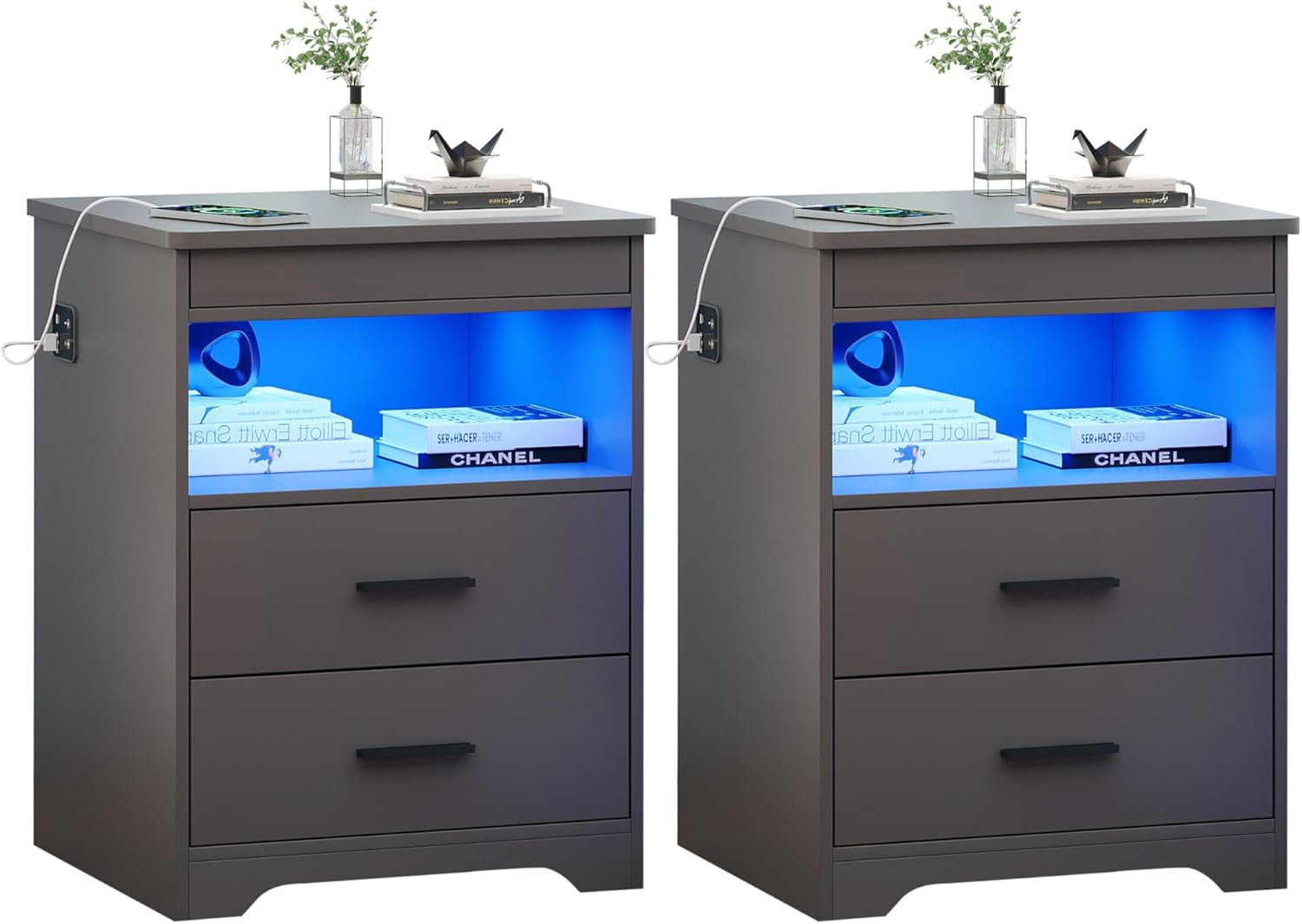 Night Stand Set of 2, Charging Bedside Table with USB & Type-C Port ...