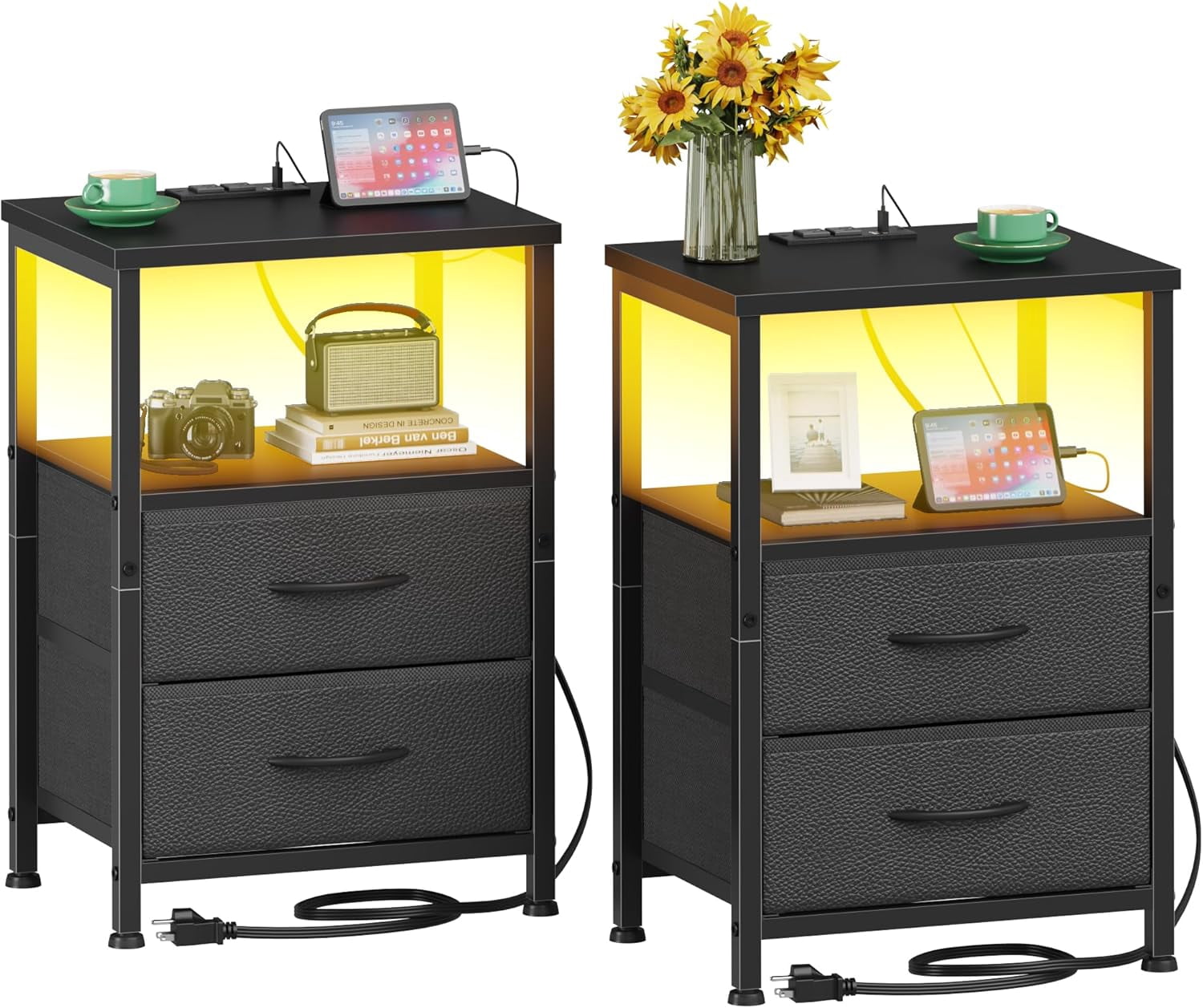 Night Stand Set 2 with Charging Station and 2 Fabric Drawers, Side ...