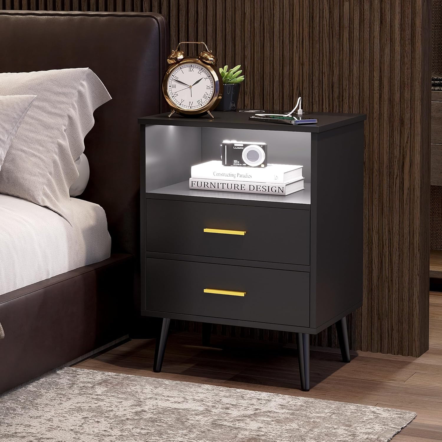 Night Stand Set of 2 with Charging Station Dimmable Lighting Rattan ...
