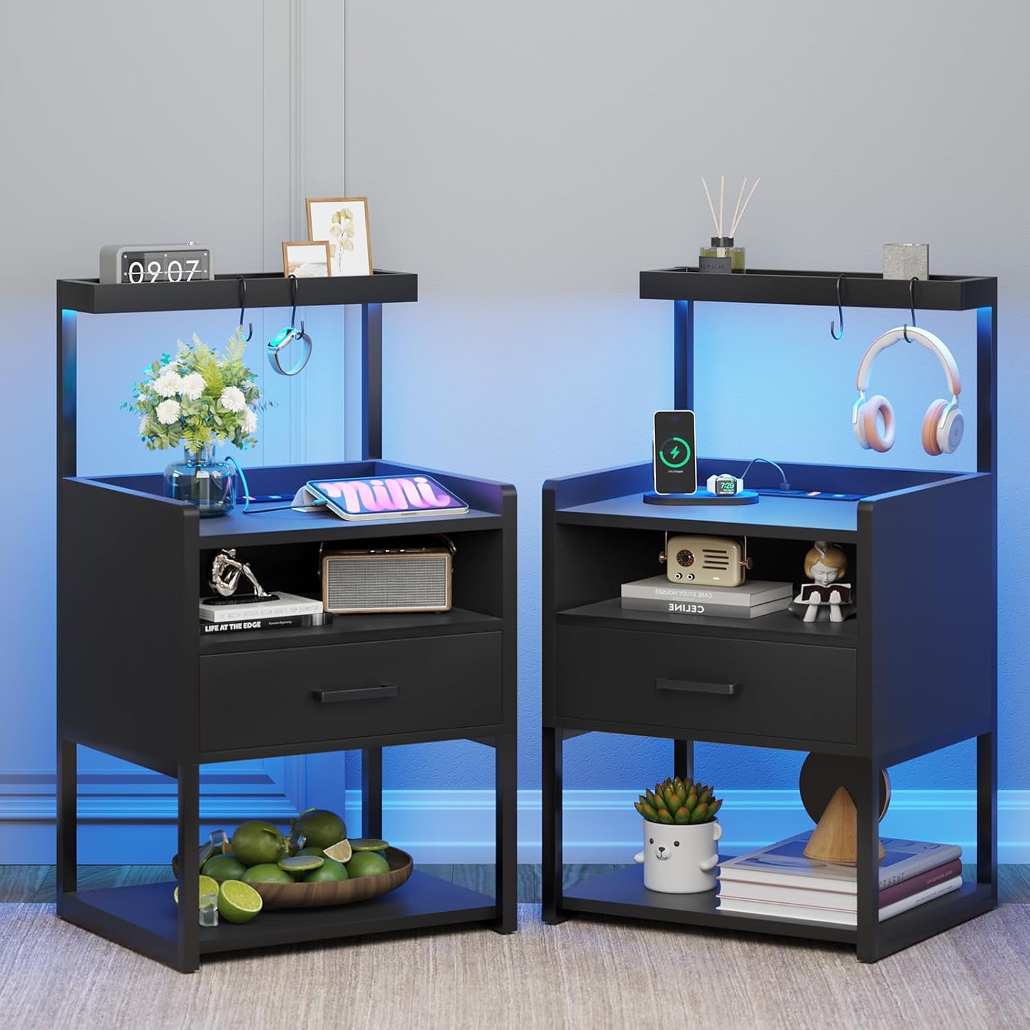 Night Stand Set 2 with Charging Station and LED Lights, Black Night ...