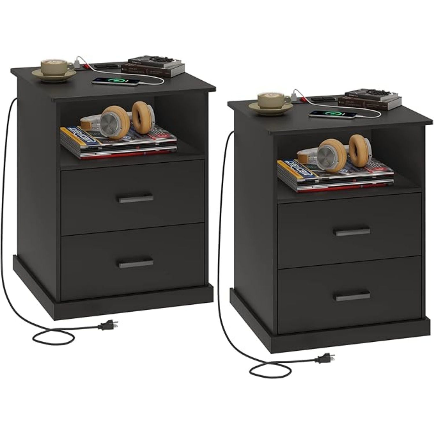 Night Stand Set of 2 with Charging Station, Large Nightstands with ...