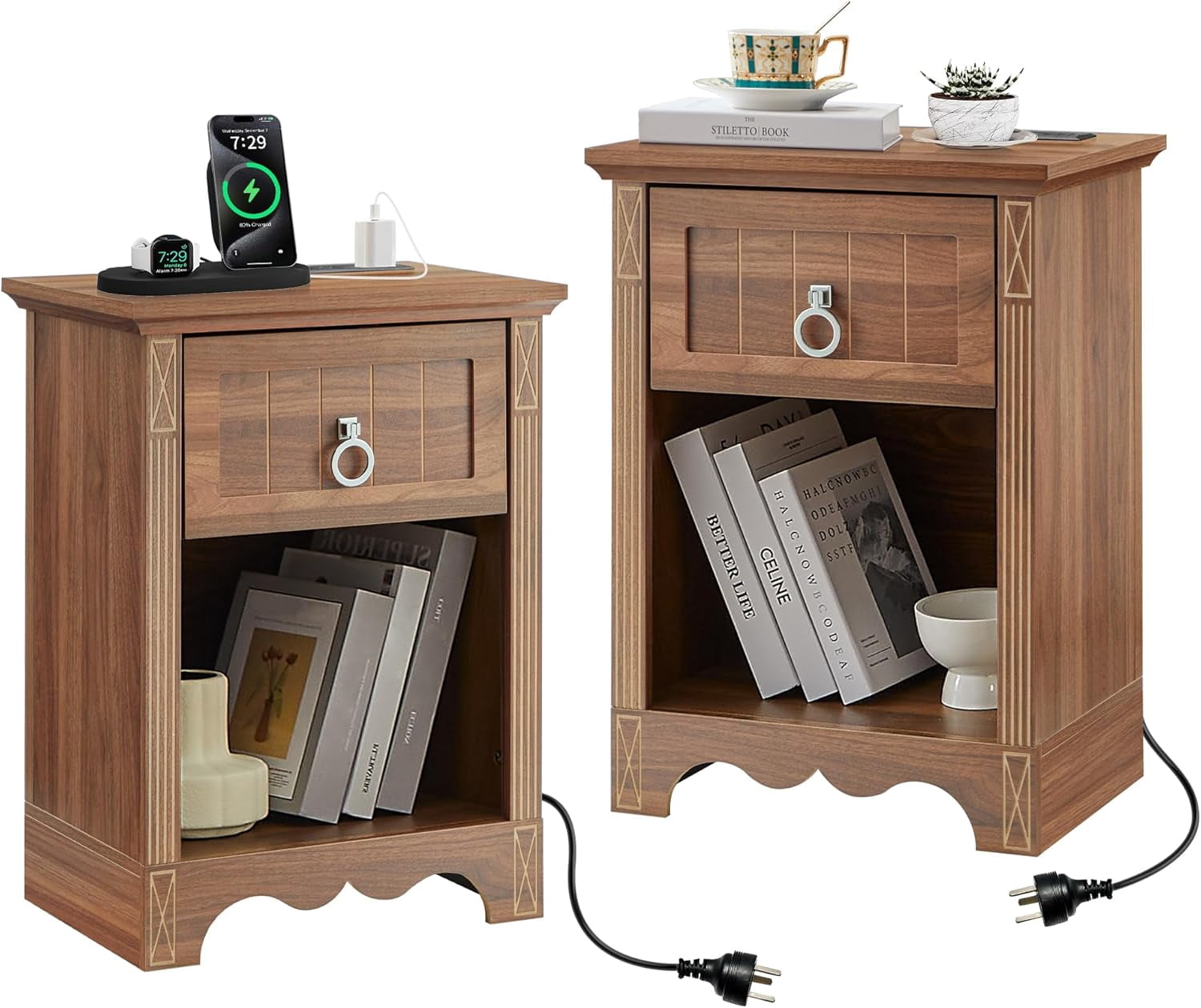 Night Stand Set of 2 with Charging Station,Mid Century Modern Bedside ...