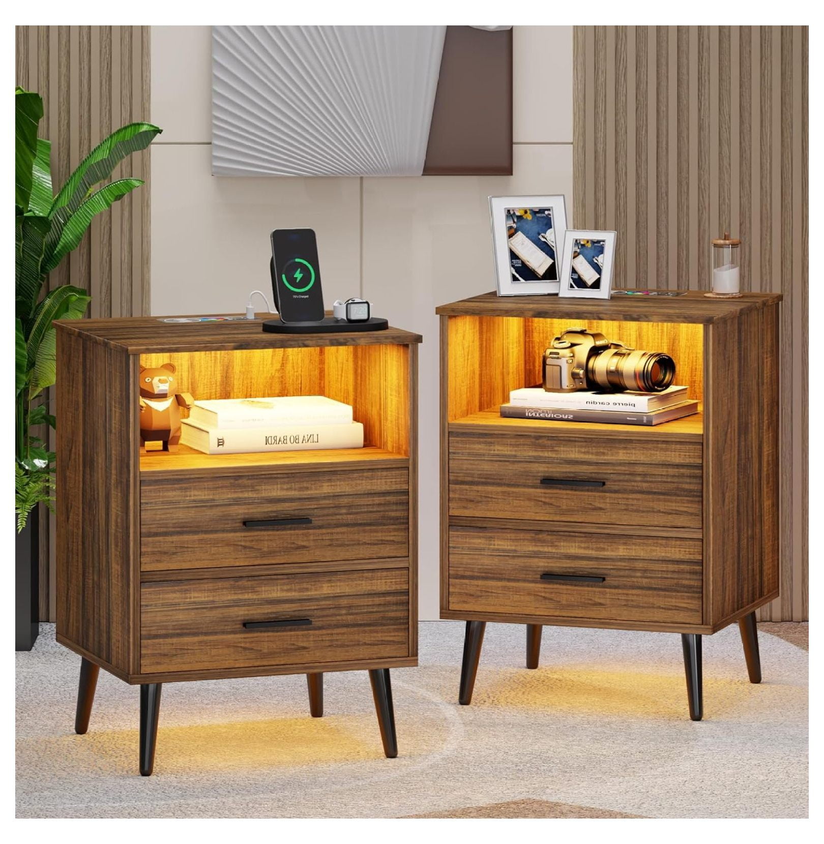 Night Stand Set 2 with Charging Station (Wireless/USB/Type-C) and LED ...