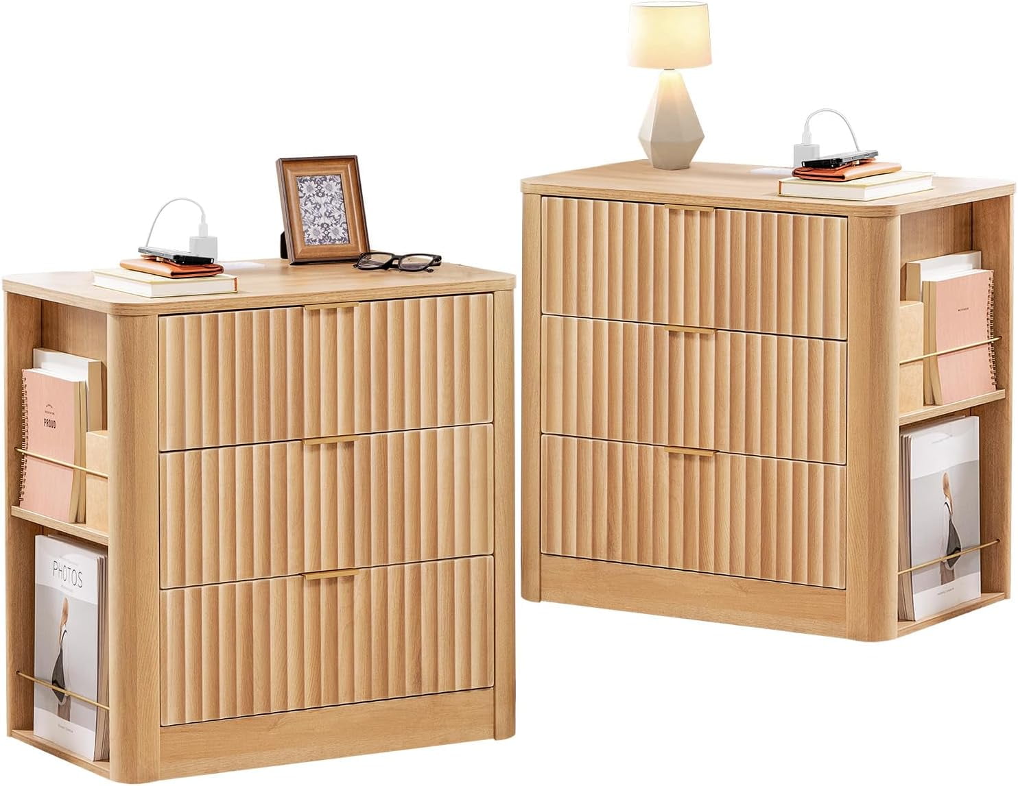 Night Stand Set 2, Fluted Nightstand with Charging Station & 3 Drawers ...