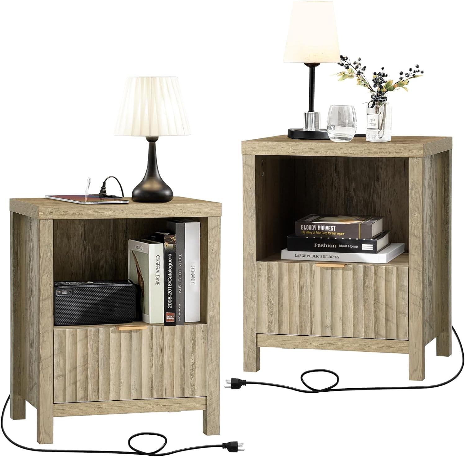 Night Stand Set 2, Fluted Nightstand with Charging Station Bed Side ...