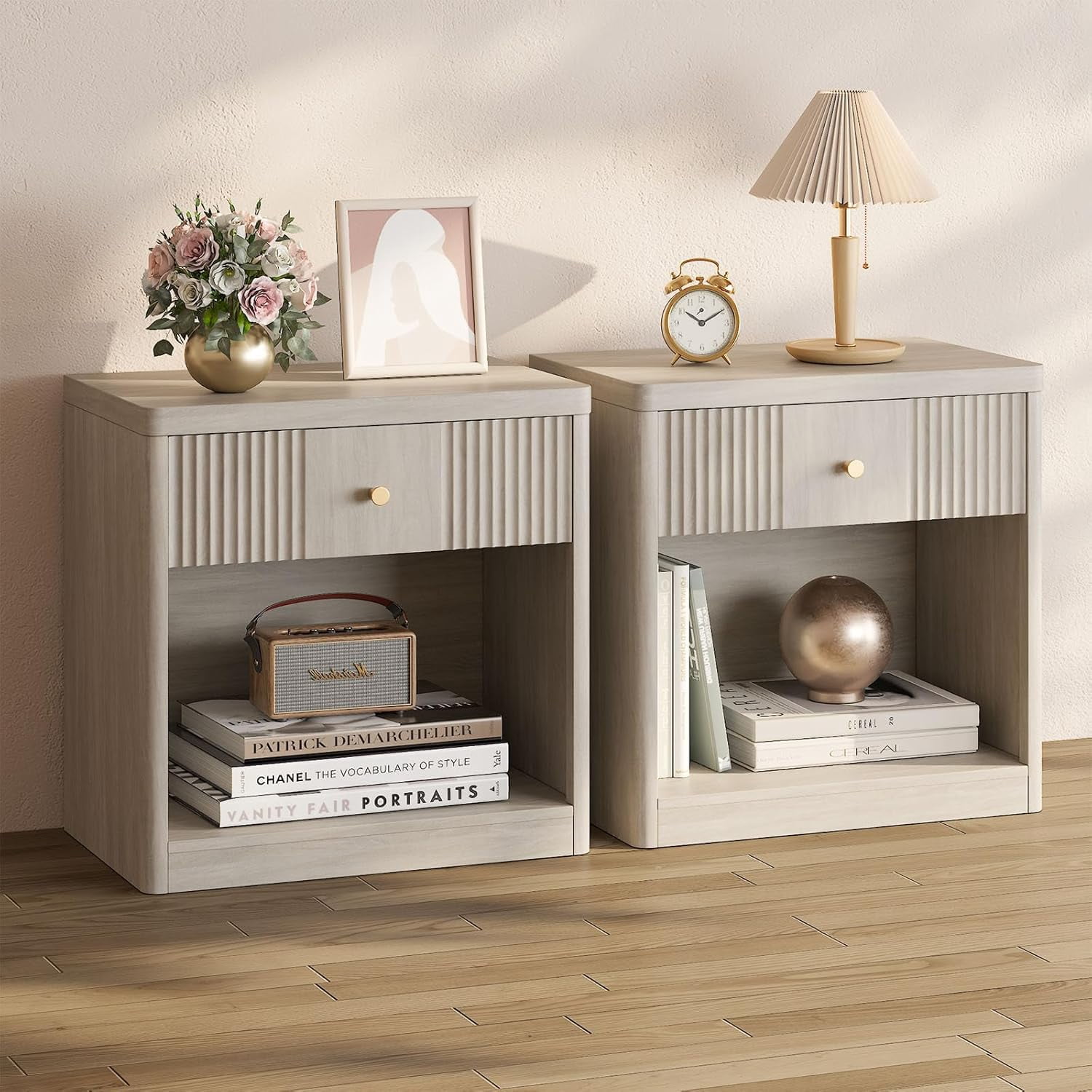 Night Stand Set of 2, Fluted Nightstands with Drawer, White Alder ...