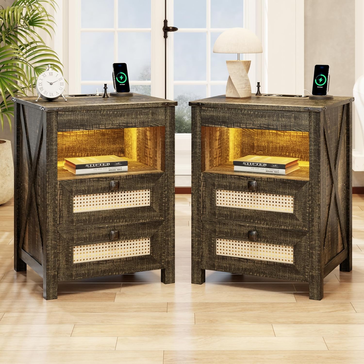 Night Stand Set 2 with Gun Drawer, Bedside Table with Charging Station ...