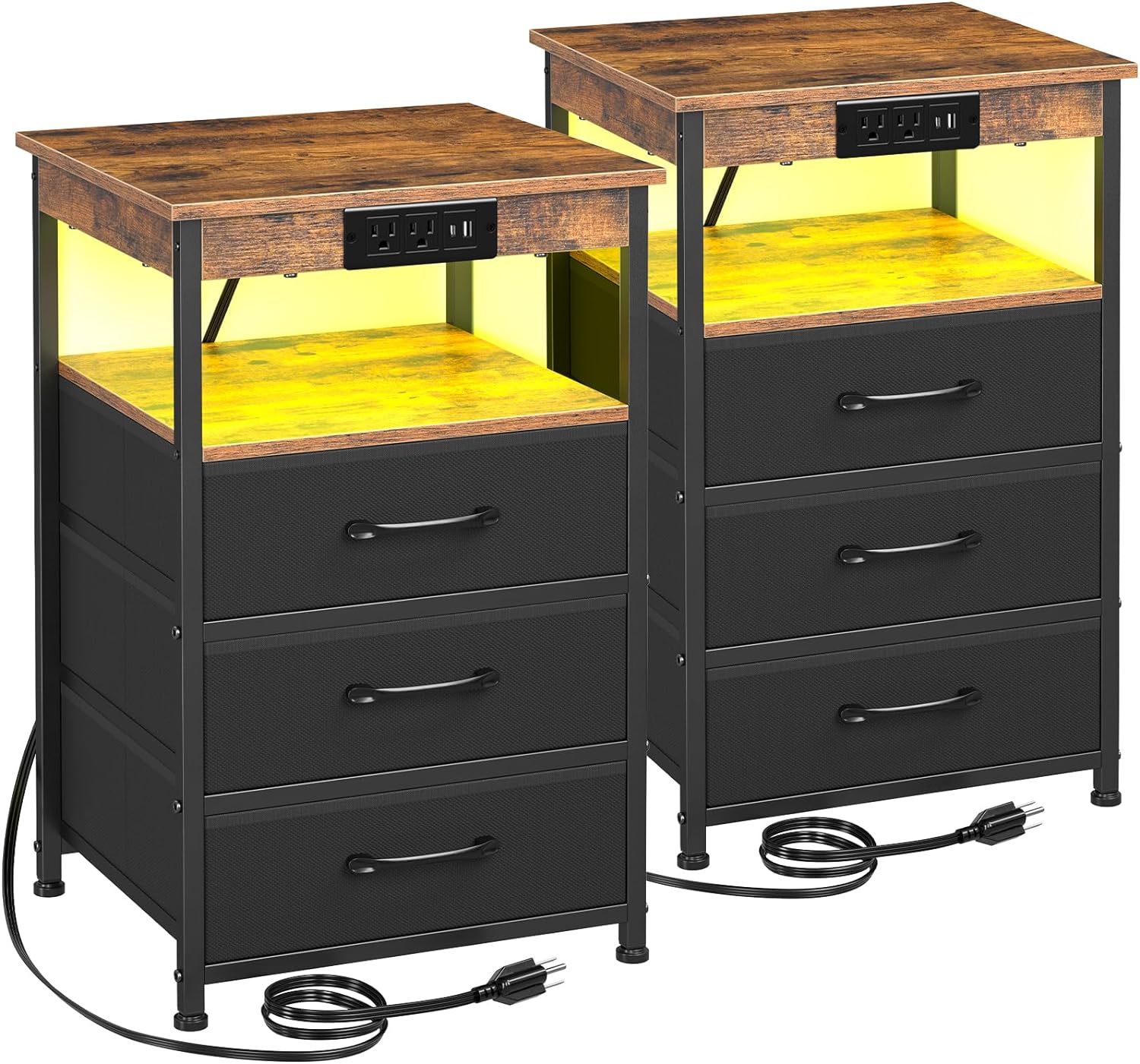Night Stand Set 2, LED Nightstand with Charging Station, End Tables ...