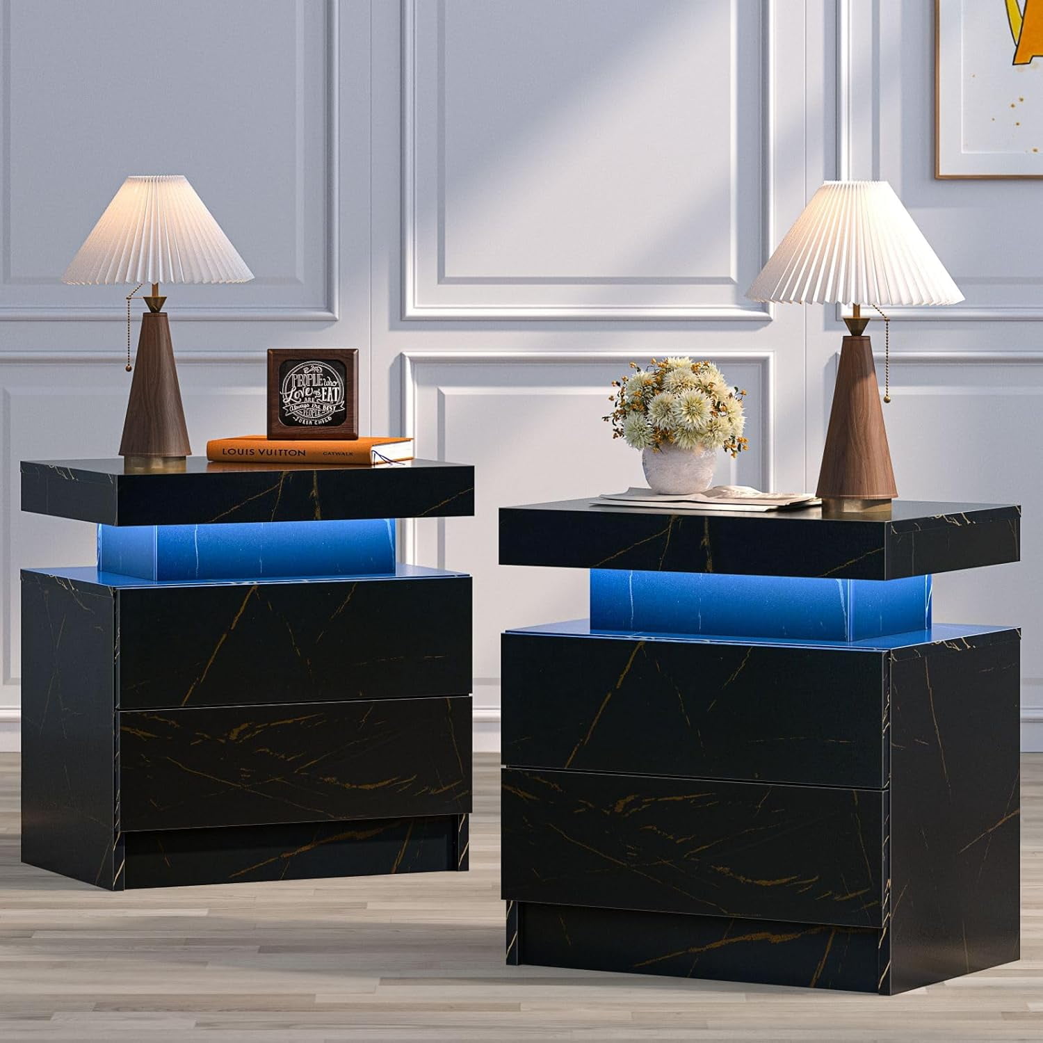 Night Stand Set 2 LED Nightstand with 2 Drawers Bedside Table with ...