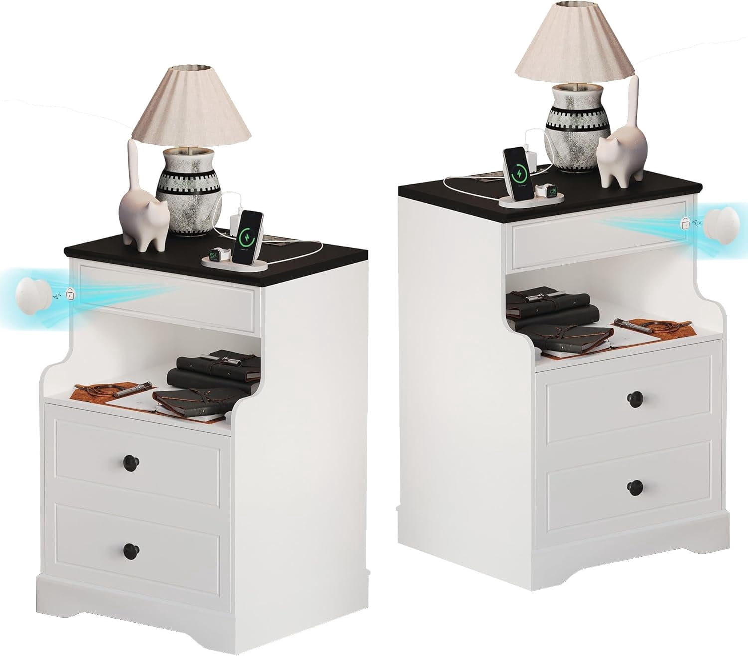 Night Stand Set of 2 with Magnetic Locking Drawer, LED Nightstand with ...