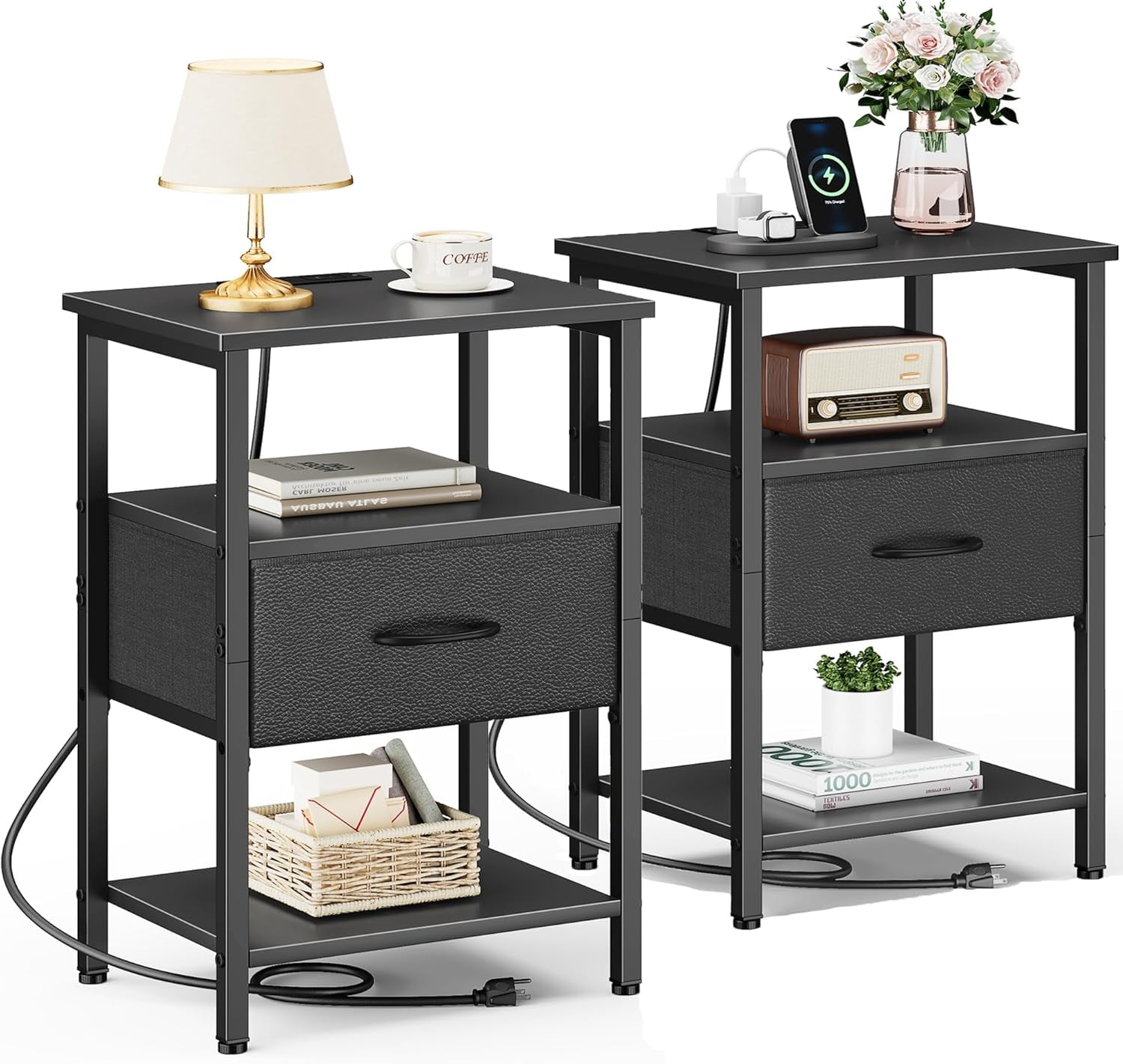 Night Stand Set 2, Nightstand with Charging Station, Bed Side Table ...