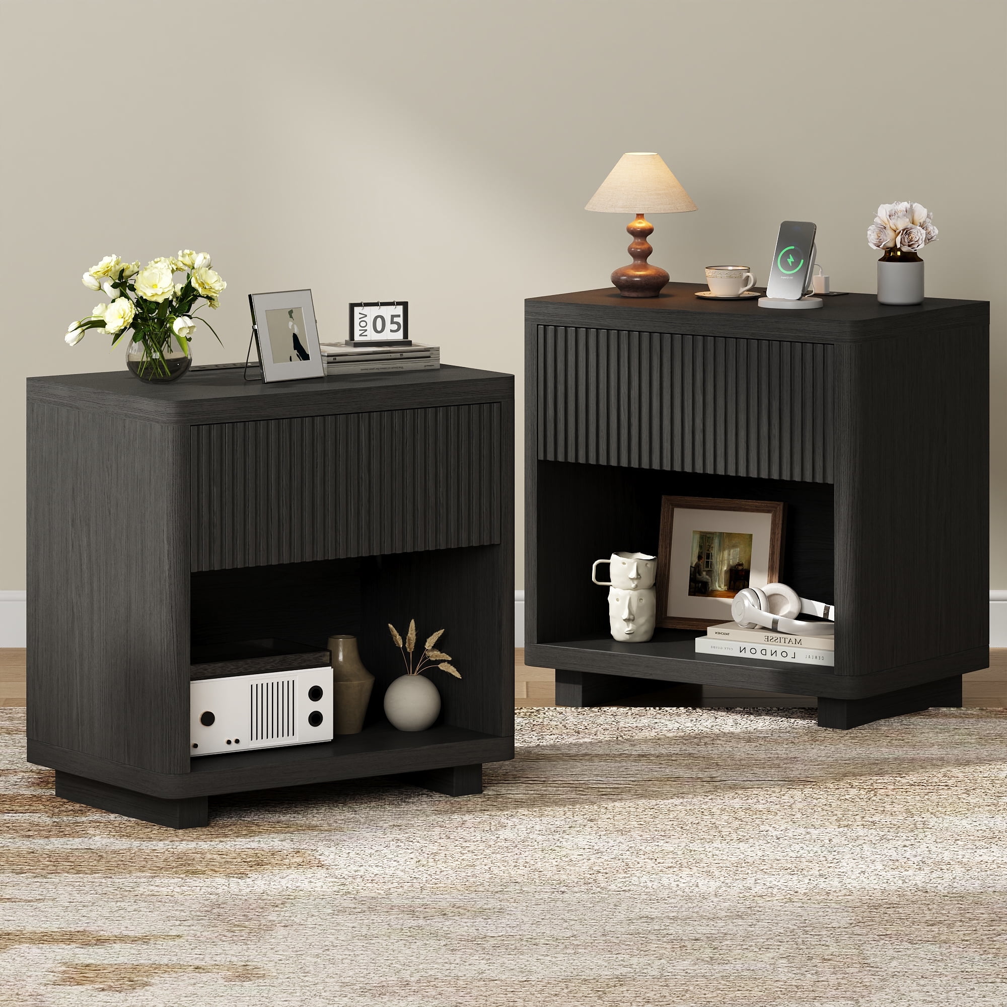 Night Stand Set 2, Nightstand with Charging Station, Modern End Table ...